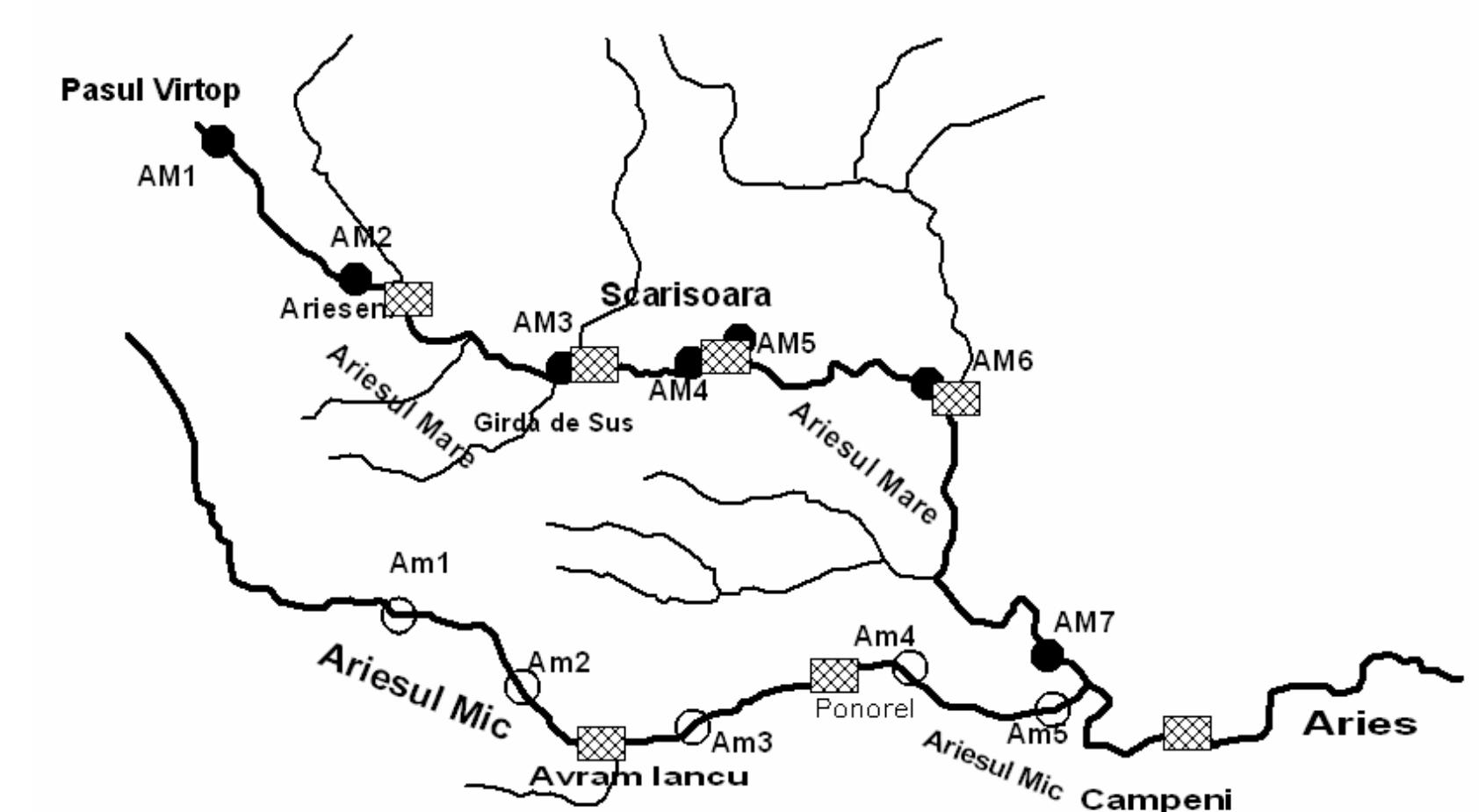 Map of sampling points in the upper a ries river basin;