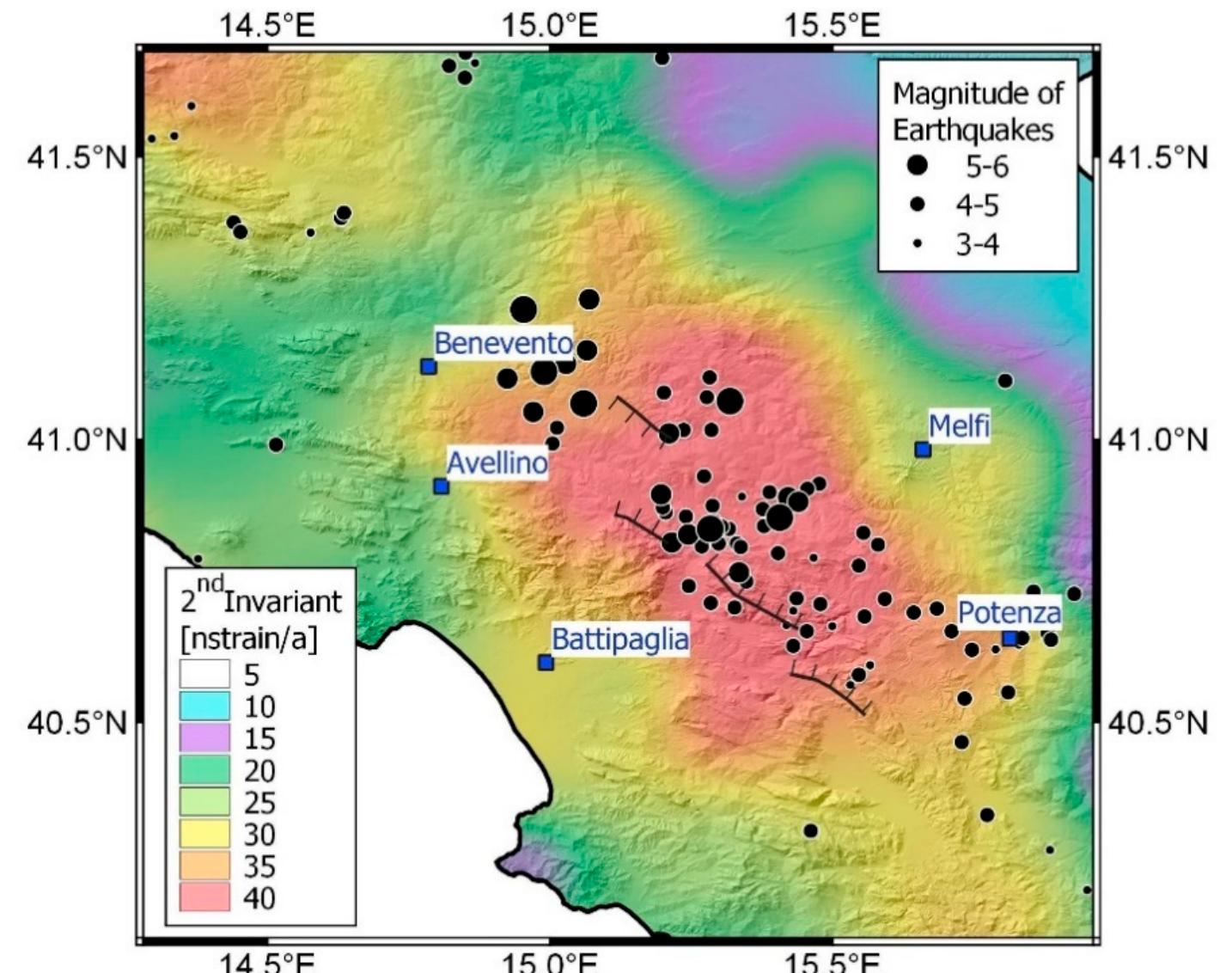 Map of the horizontal strain rate field of irpinia derived