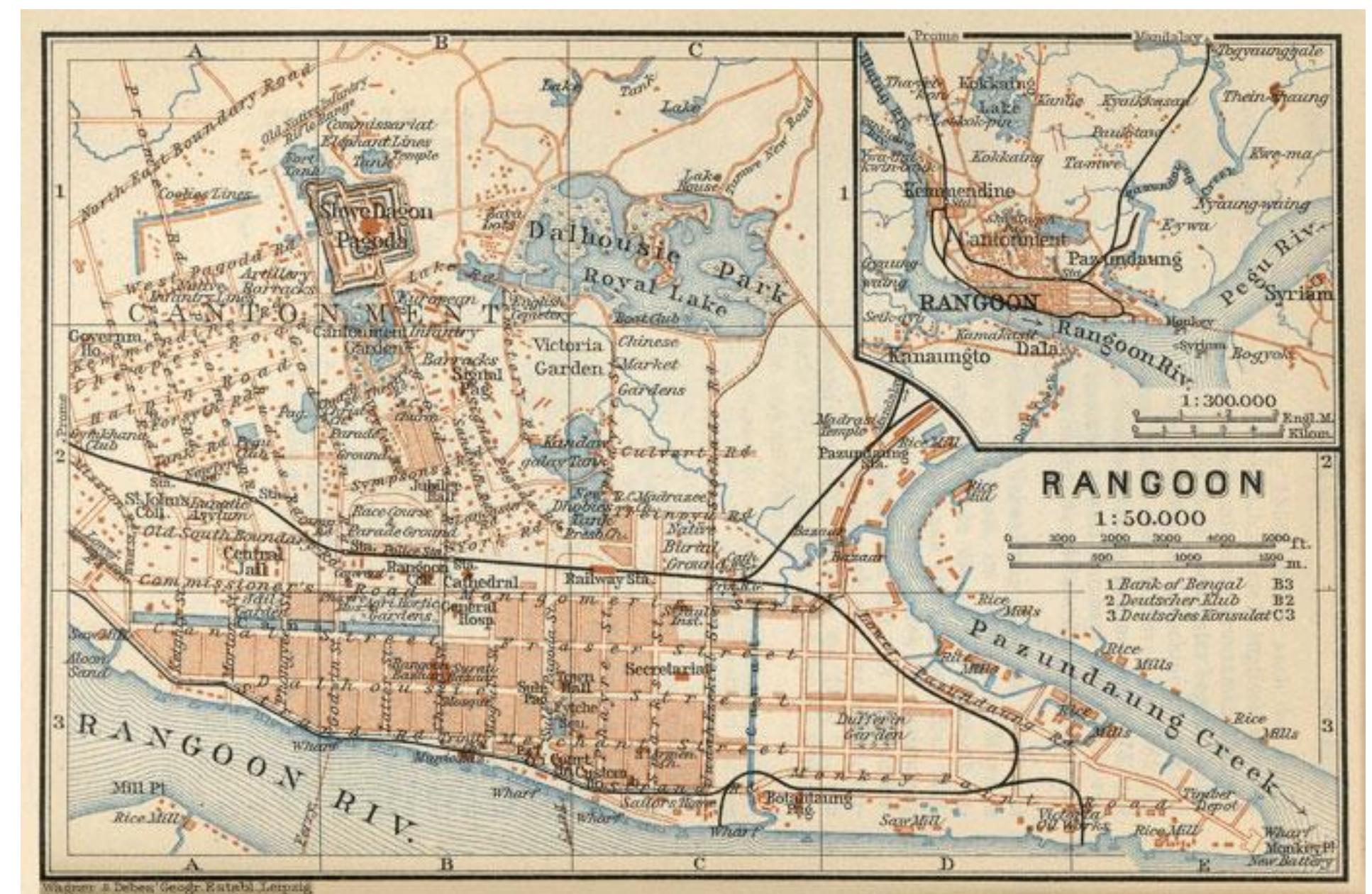 Map of colonial square grid pattern layout rangoon (1914)