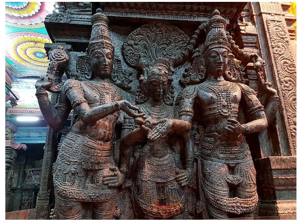 Vishnu gives his sister, meenakshi's (i.e. parvati) hand in