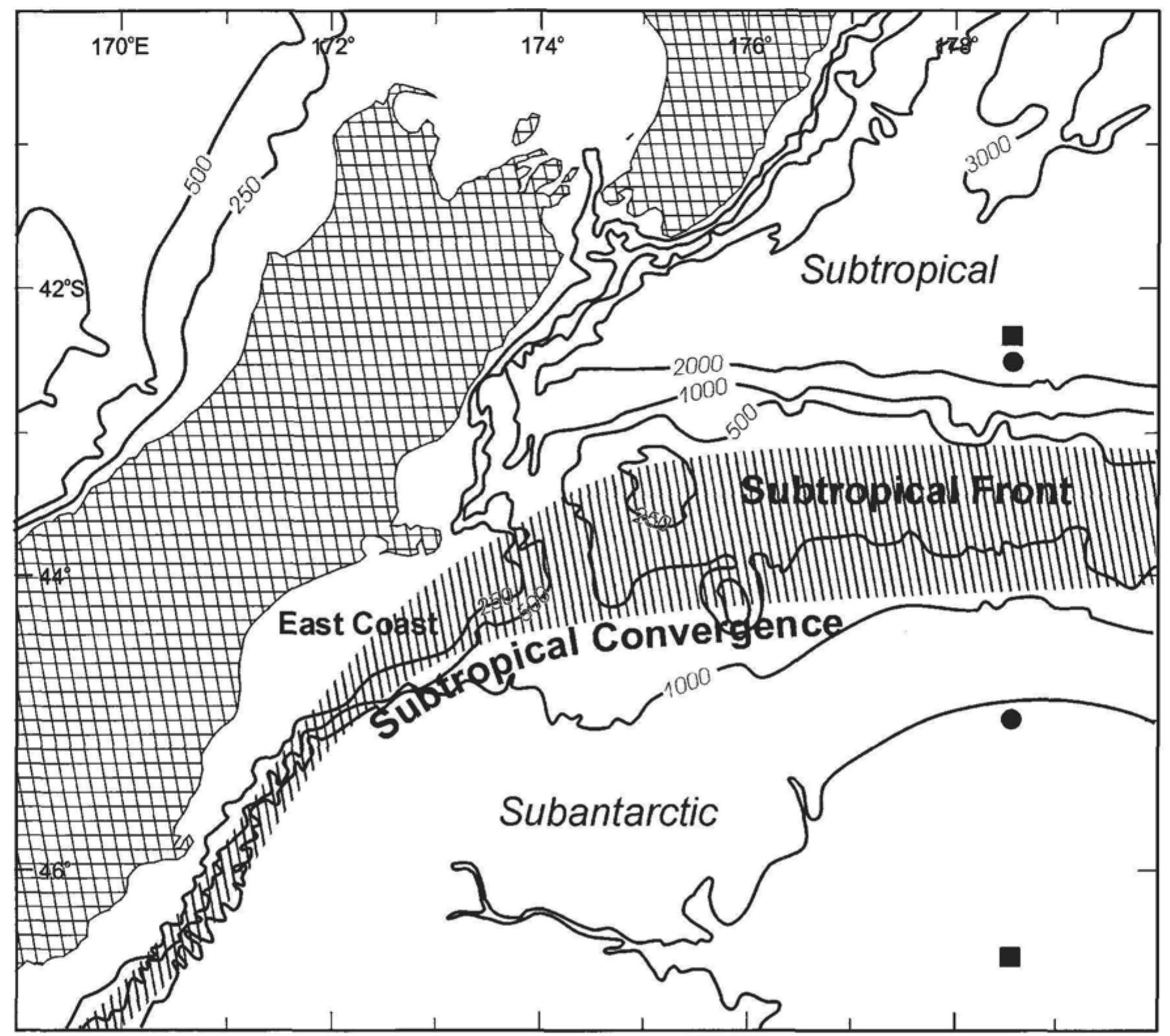 Map of sampling sites in chatham rise region. (@, stations