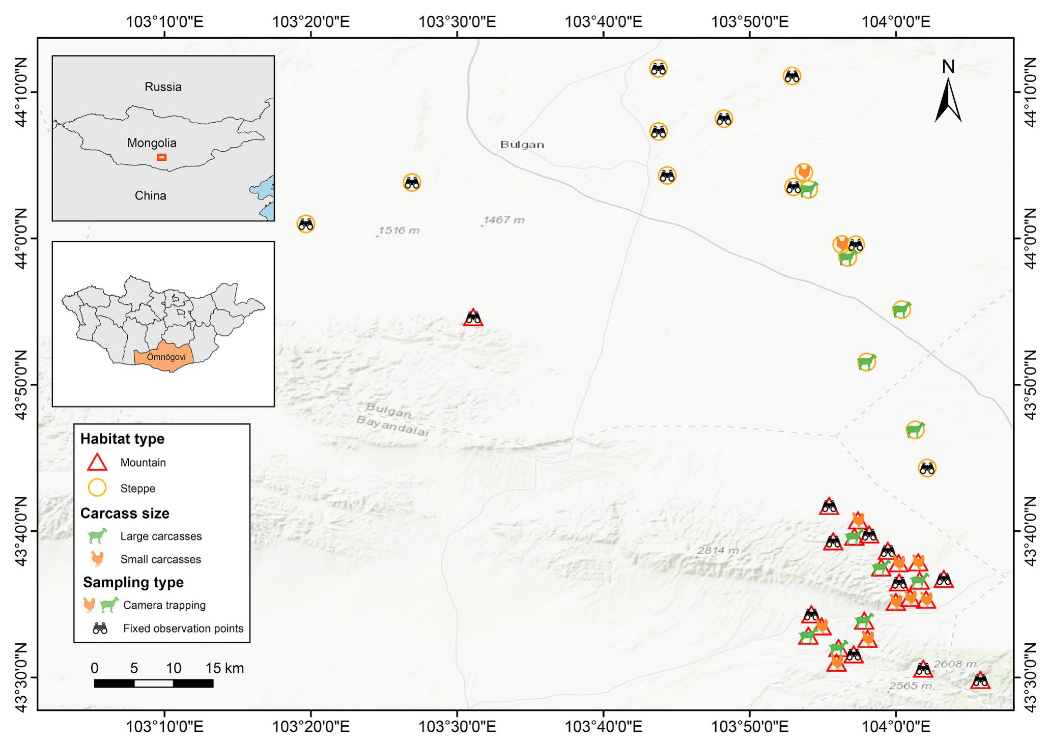 Map of the study area in the omnégovi aimag (province) in