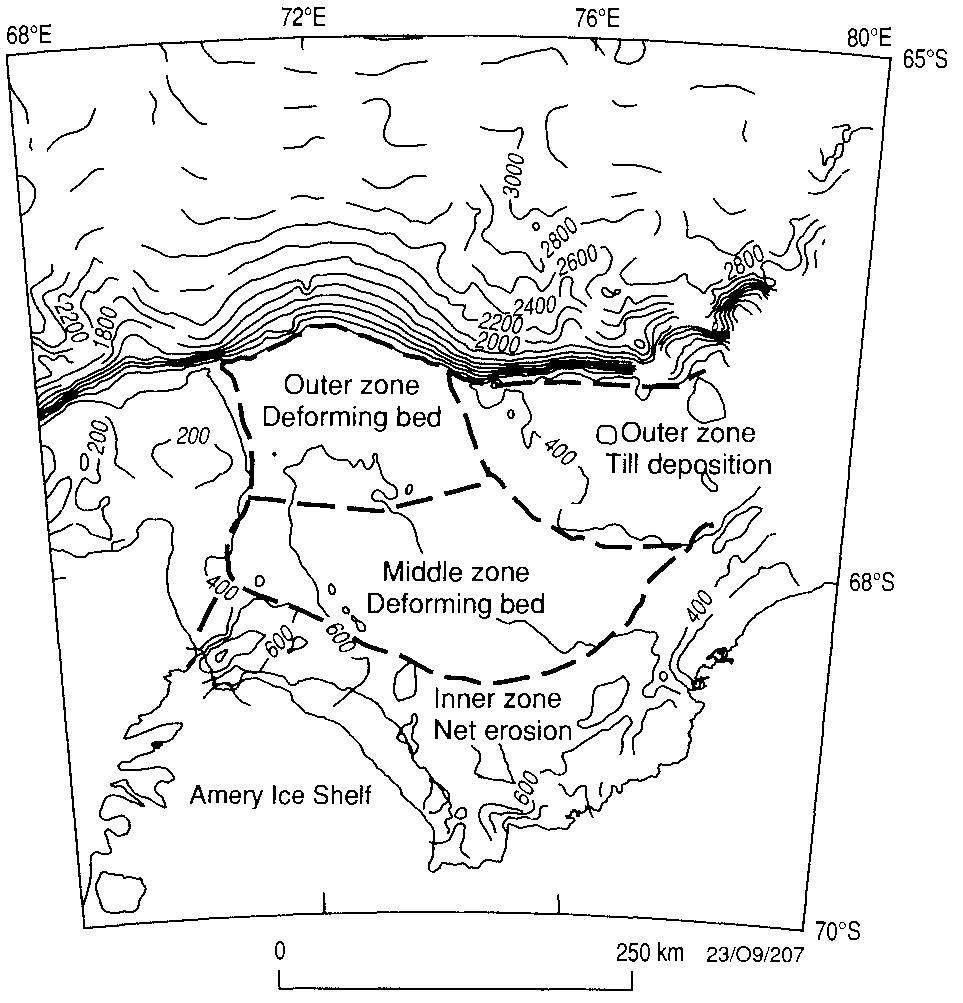 map of inferred zones beneath the lambert glacier during