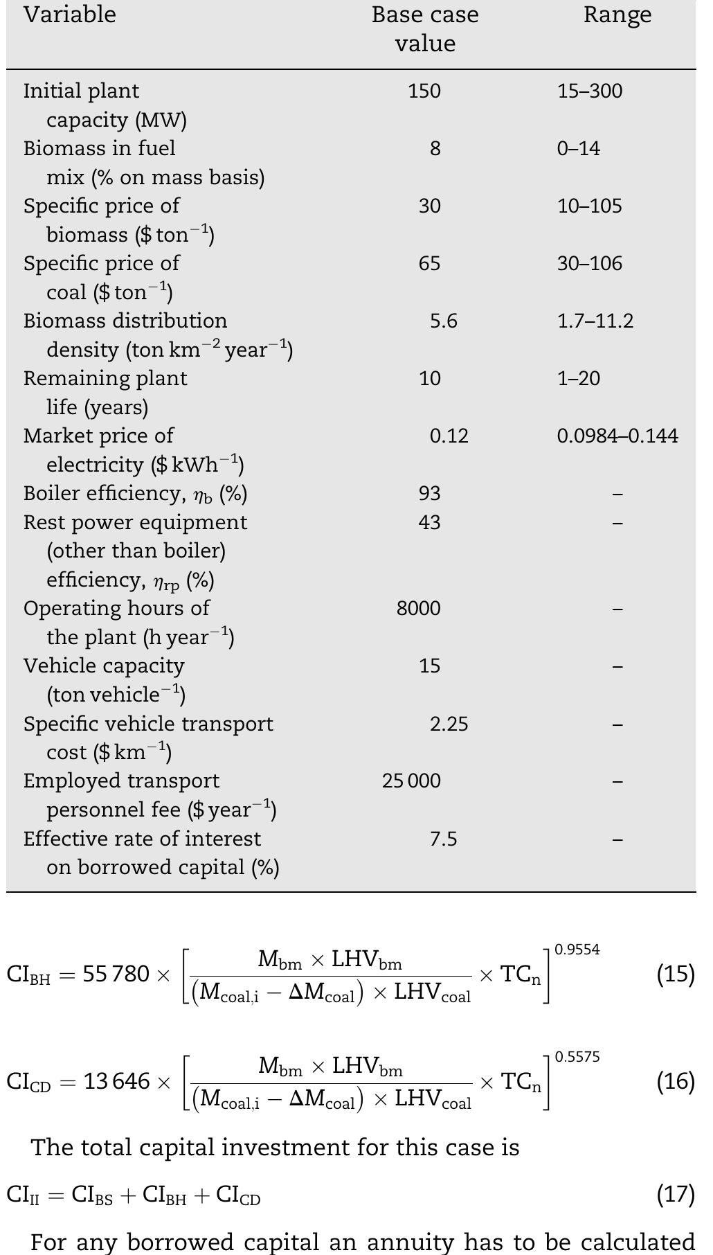 - list of variables with their base case values and ranges.