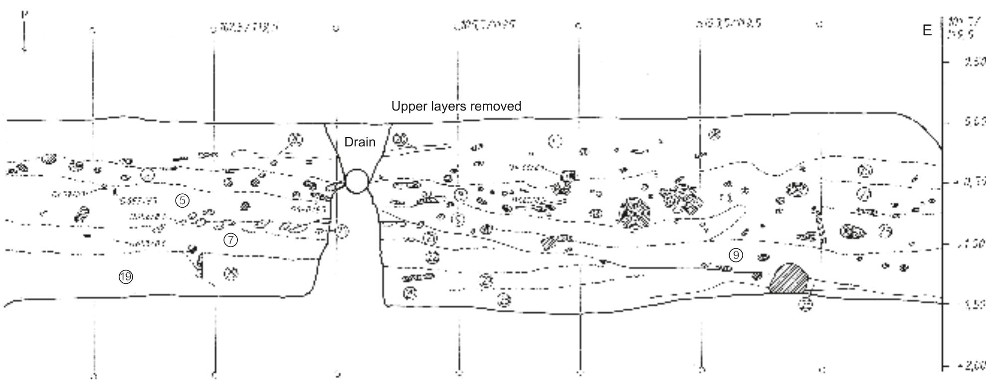Drawing of east-west oriented section in the excavation