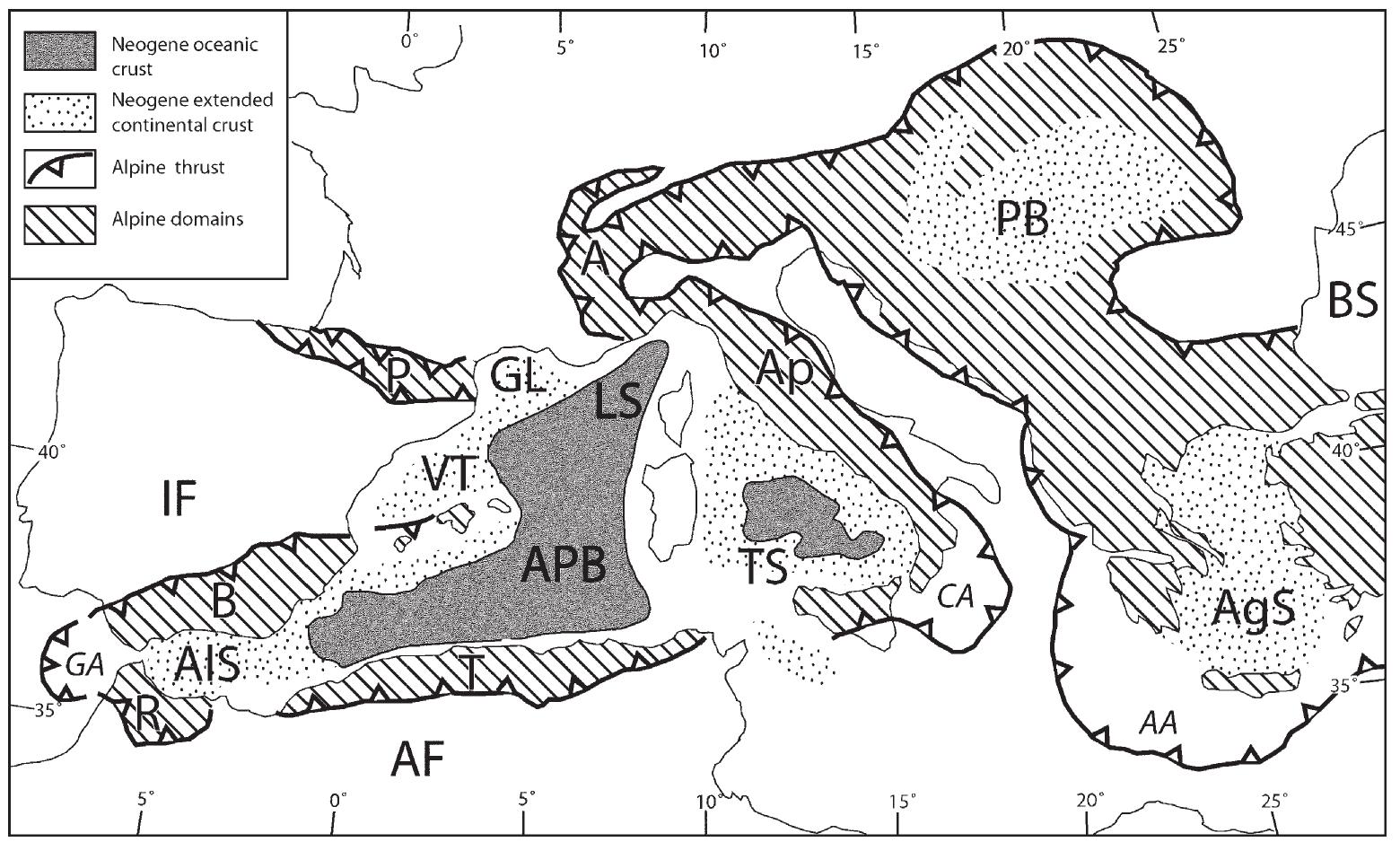 Map of the mediterranean region showing the neogene
