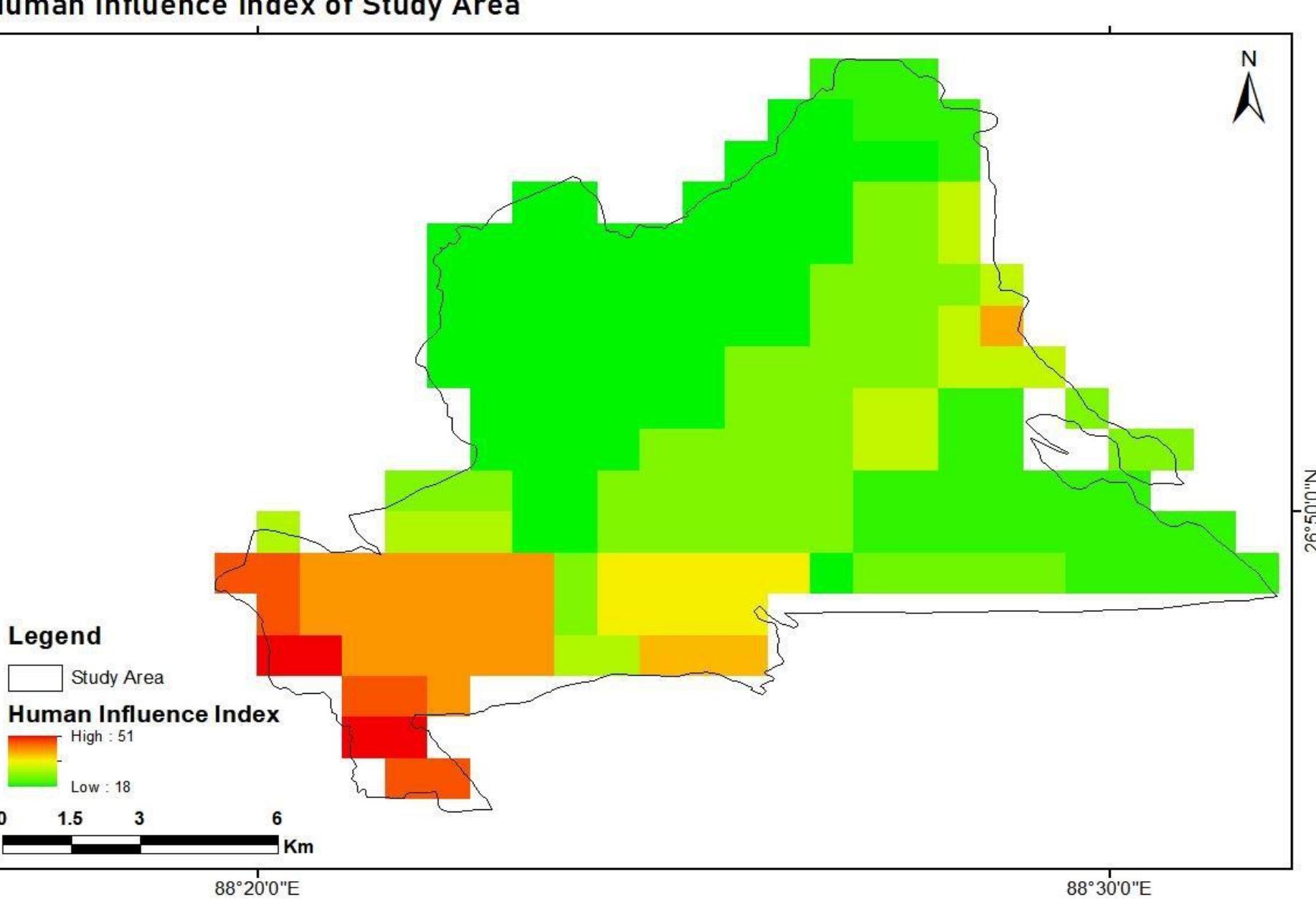 : map showing human influence index map of the study areas