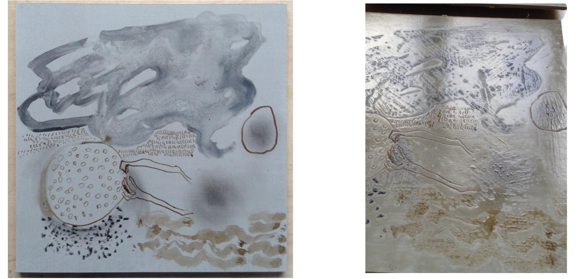 Left: a prepared lino matrix with lithographic marks in the
