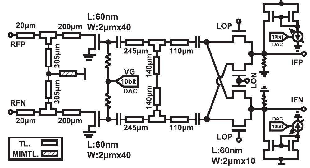 Circuit schematic of upconversion mixer and rf vga.