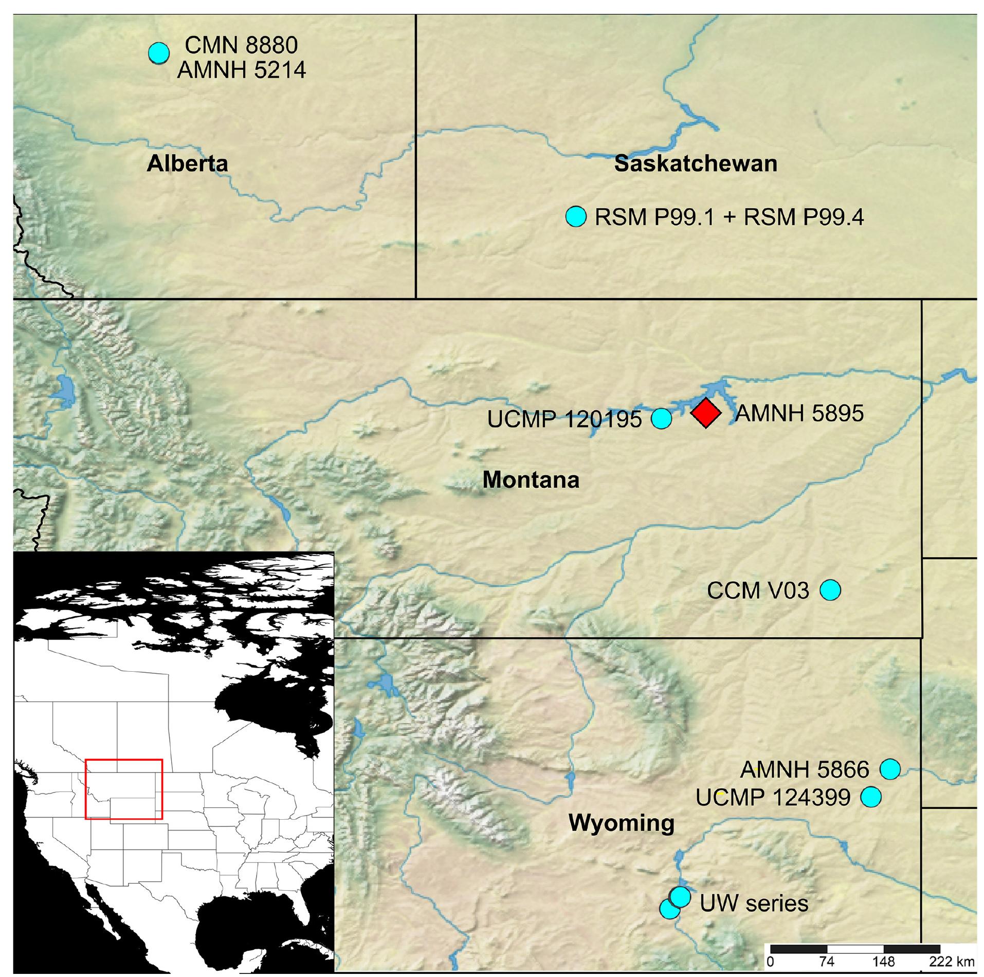 Distribution map of known ankylosaurus magniventris fossils.