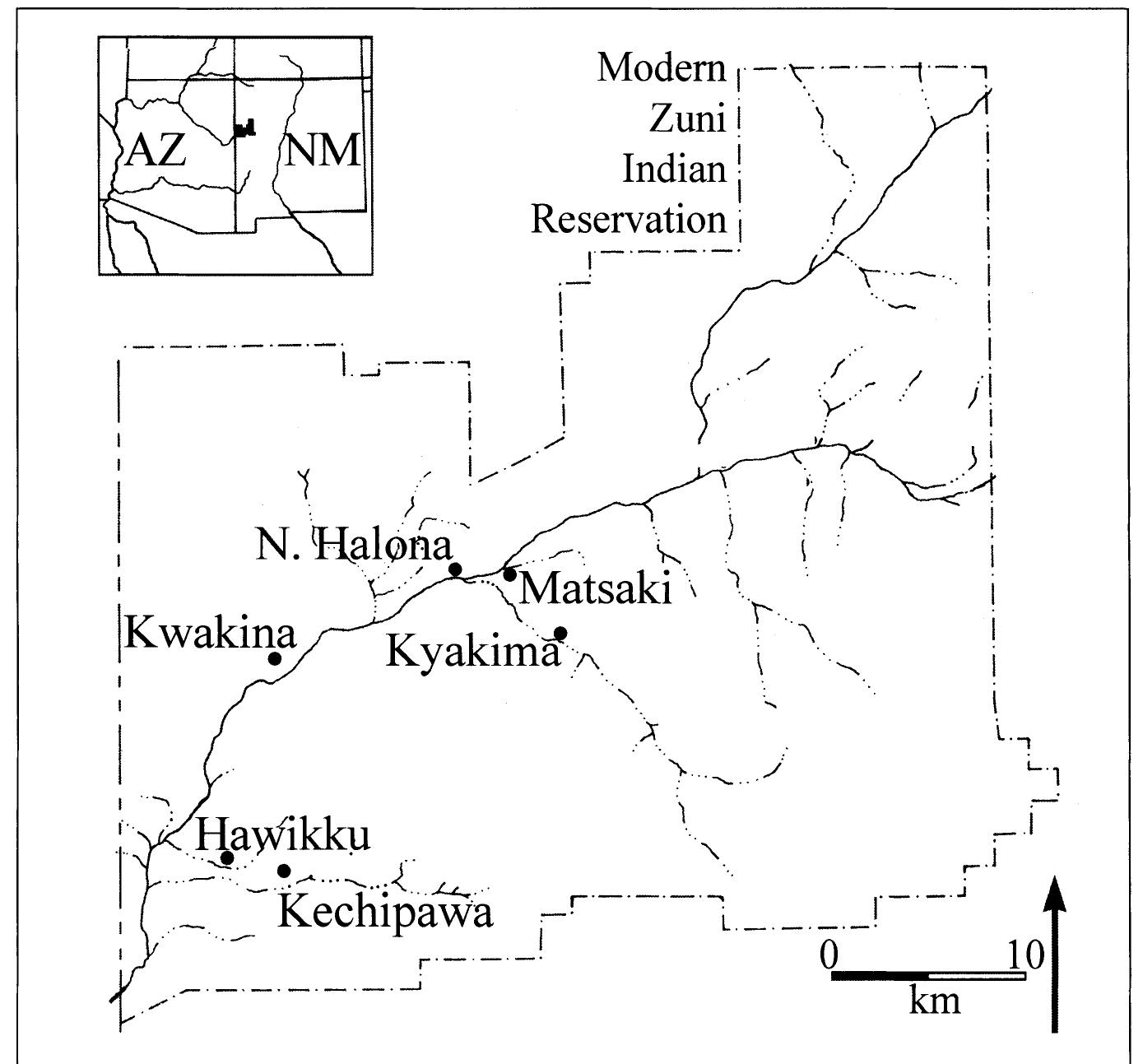 I map of the zuni region showing the location of the six