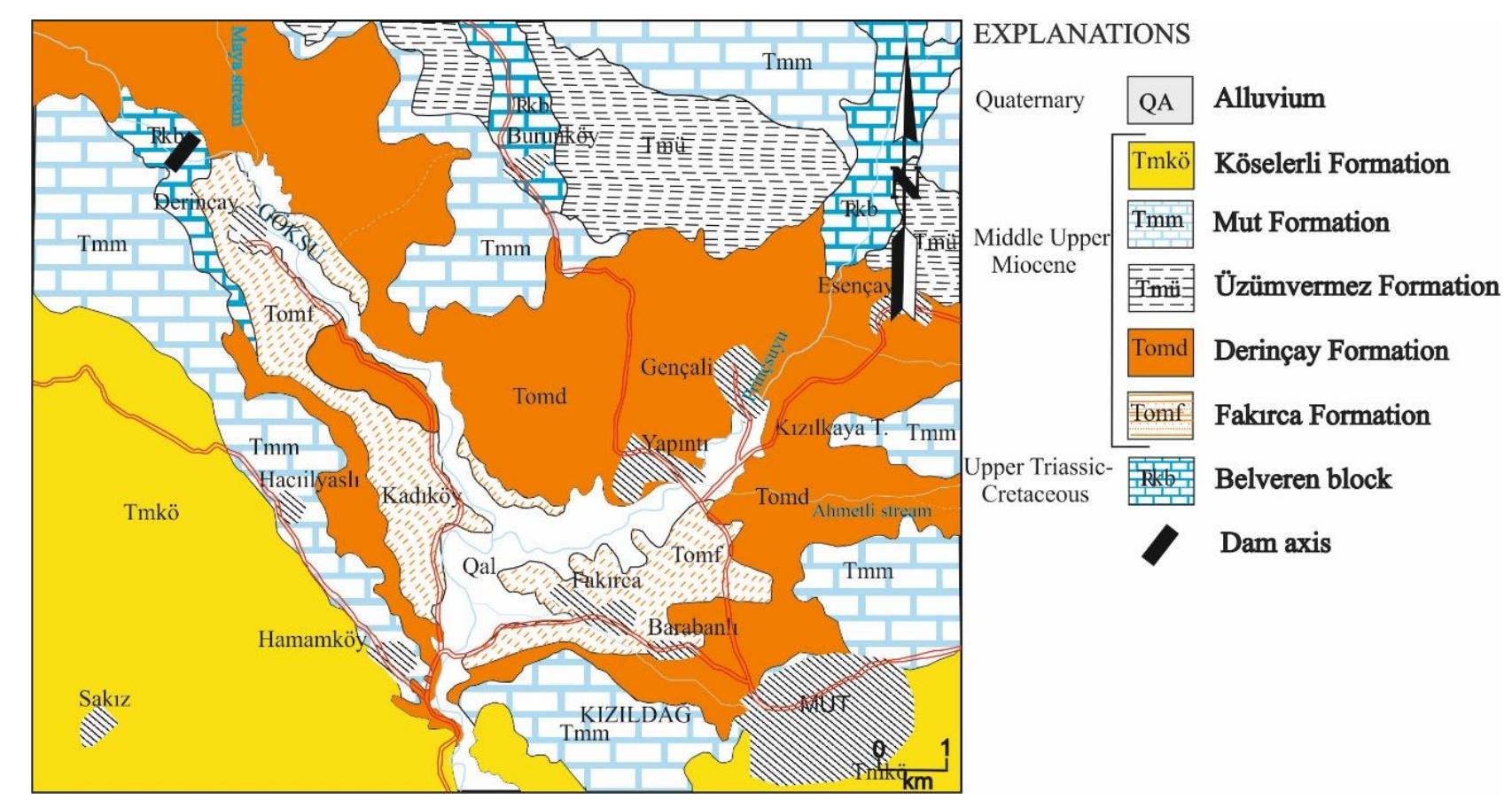 Geological map of the mut dam site (modified after dalkilig