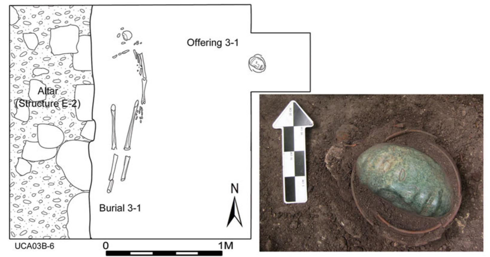 Plan map and photograph of offering 3-1 and burial 3-1 at