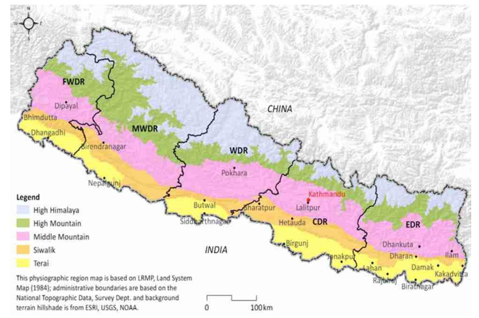 Physiographic regions of nepal (adapted from ders, 2015)