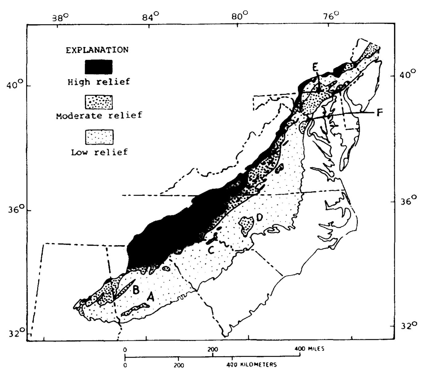 Generalized relief map of the piedmont and blue ridge