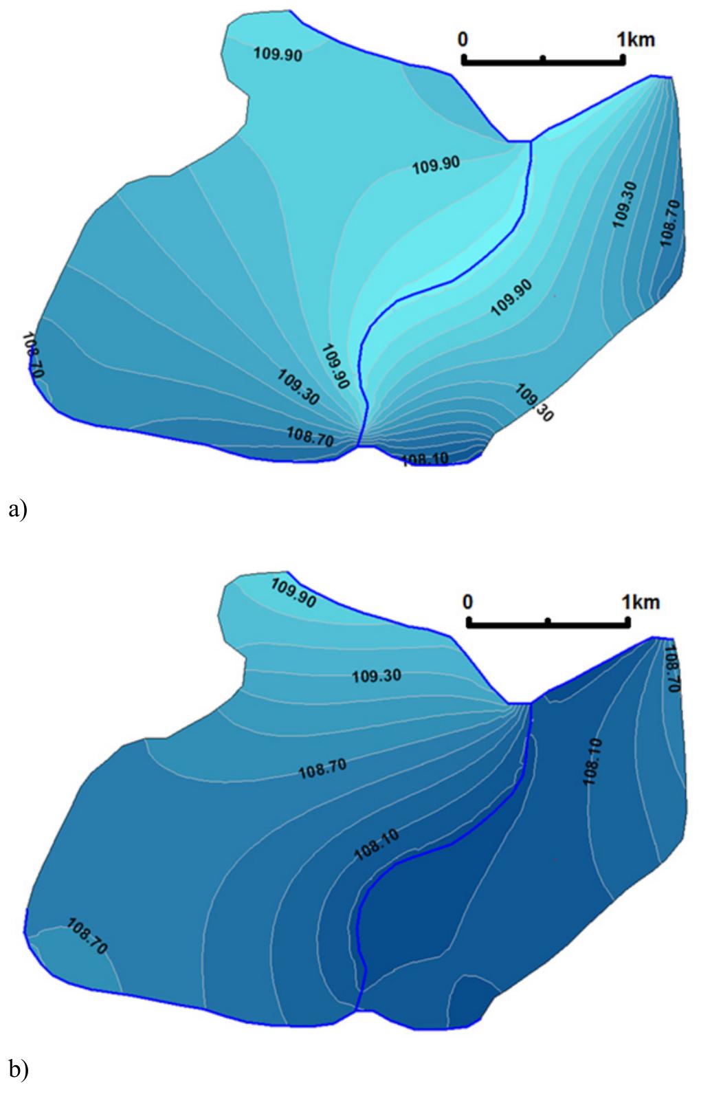 Contour map of simulated groundwater heads [m a.s.1.] for: