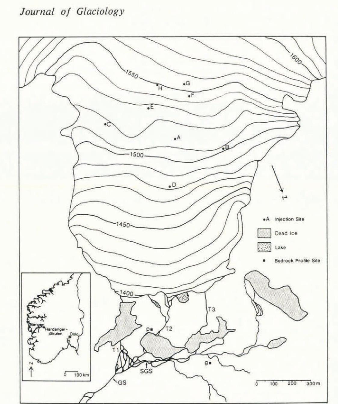 Map of midtdalsbreen showing injection sites (ah),
