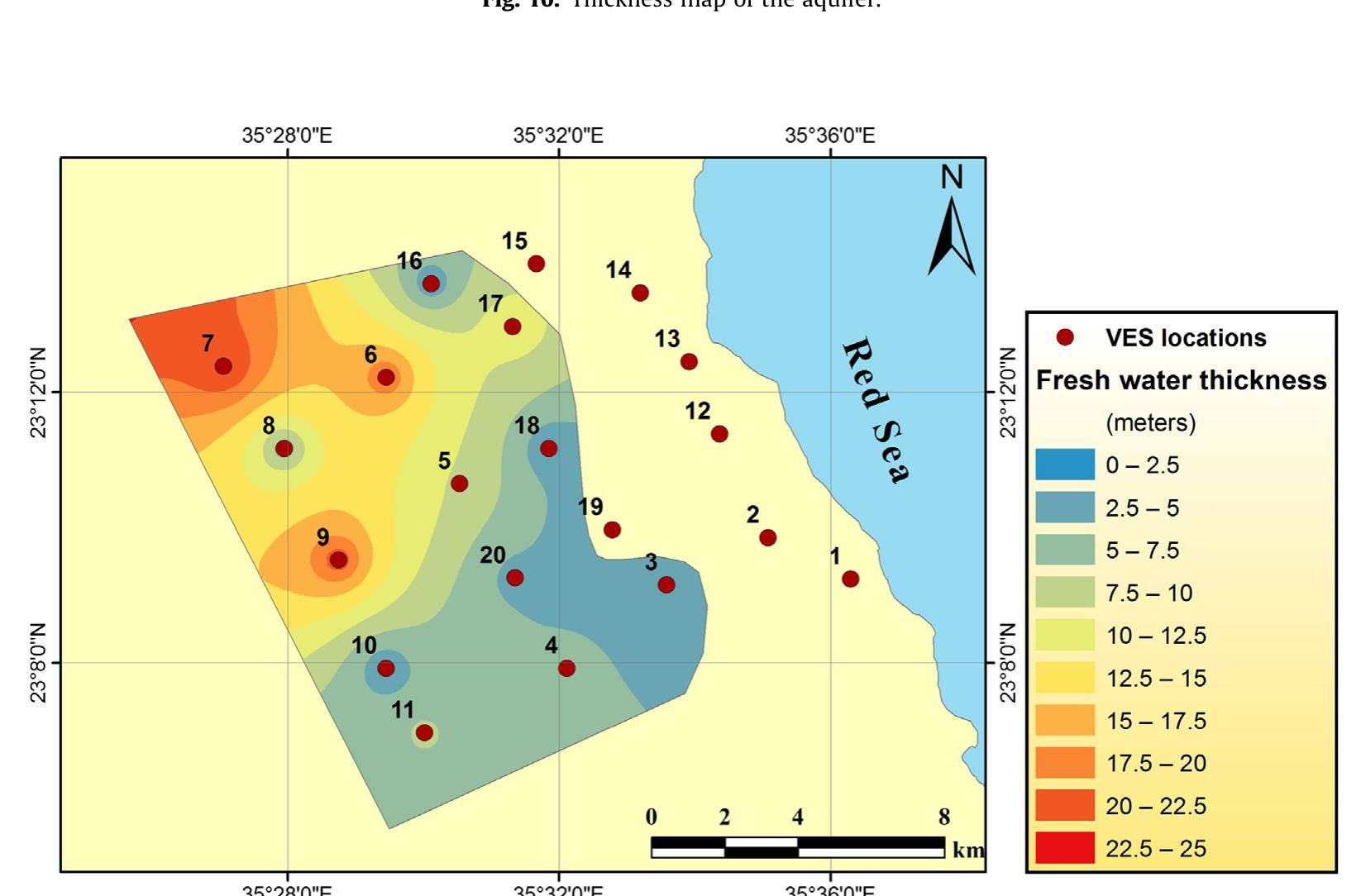 Thickness map of the fresh water aquifer.