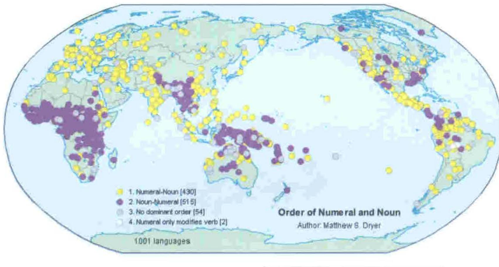 Map 7: order of numeral and noun map 7 (dryer 2005g) shows