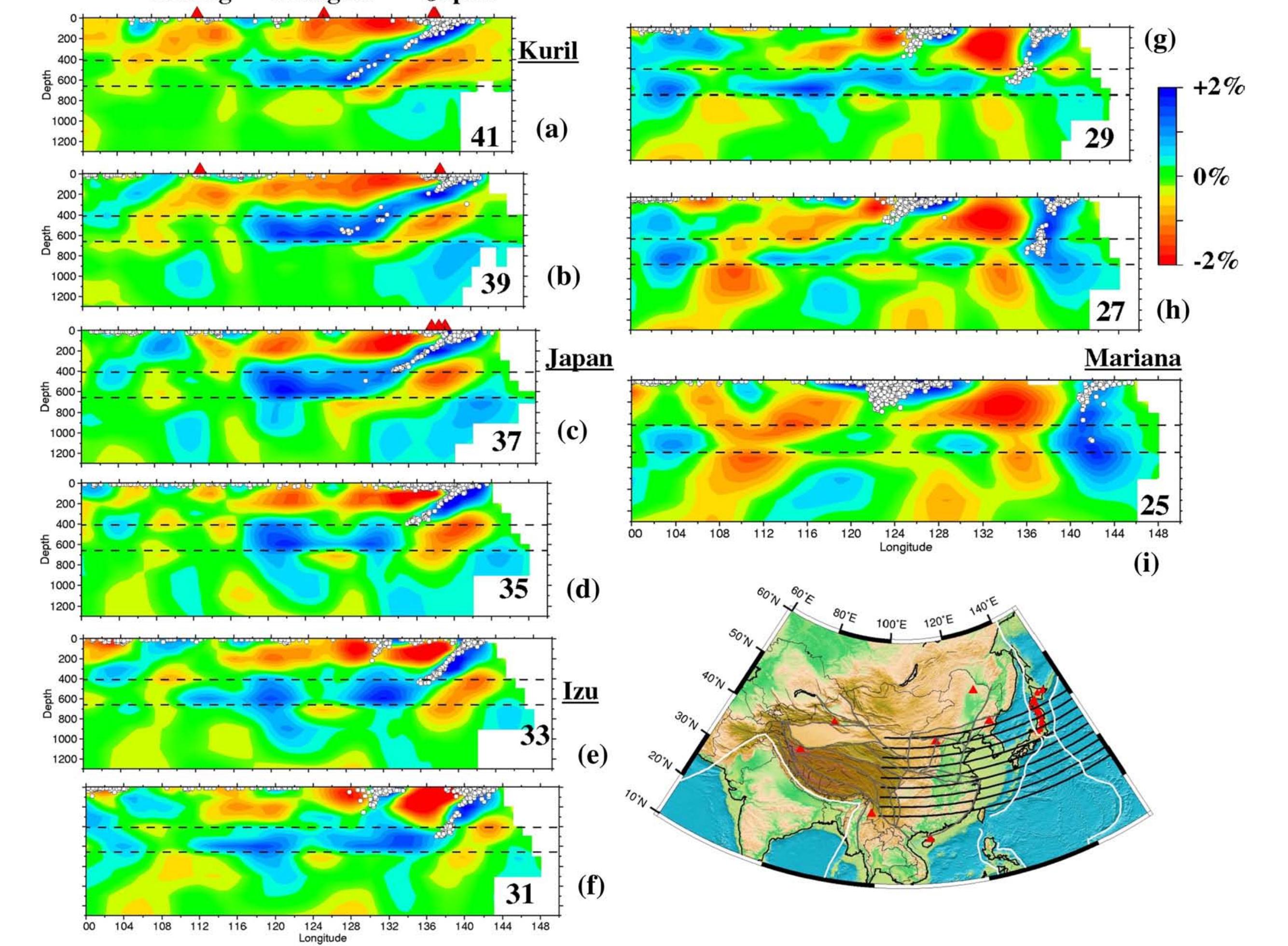 East-west vertical cross sections of p-wave tomography along