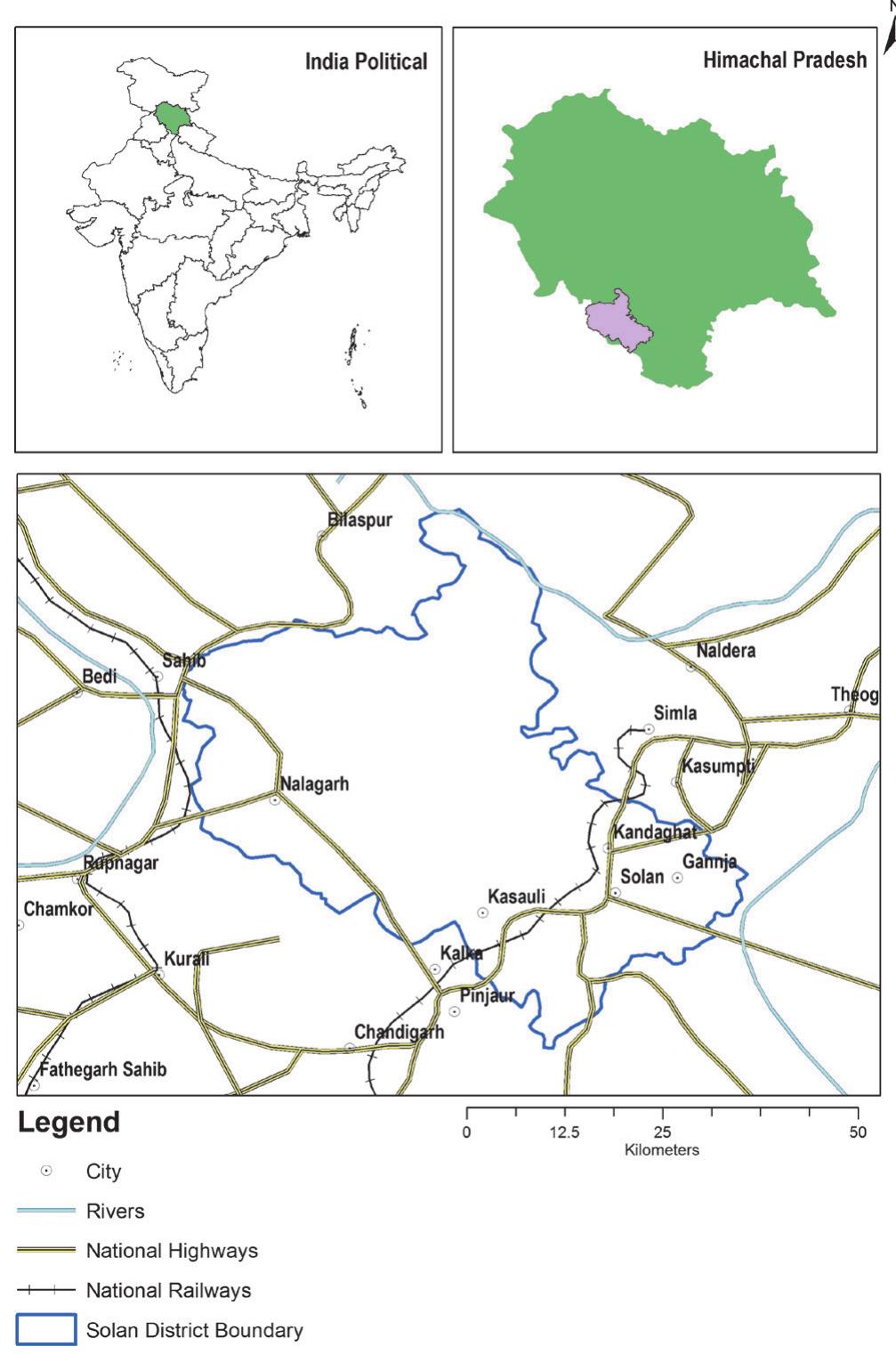 Map of solan district, himachal pradesh, india.