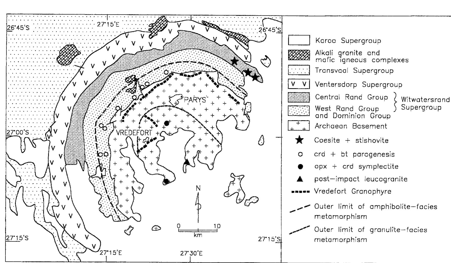 , geological map of the vredefort dome showing granophyre