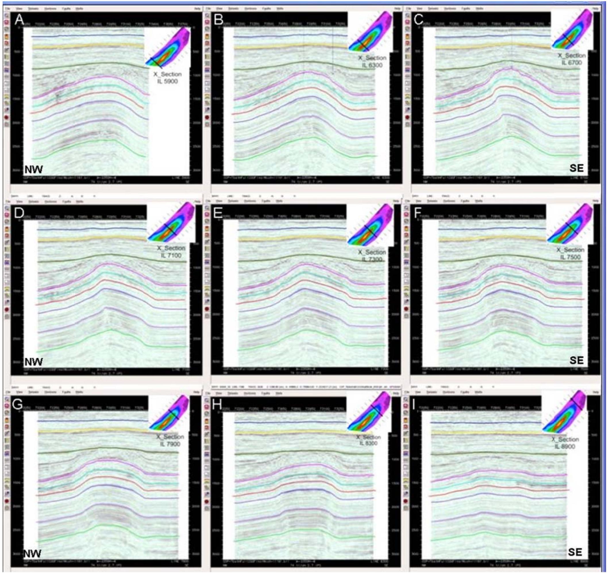 A composite picture for nine seismic cross-sections across