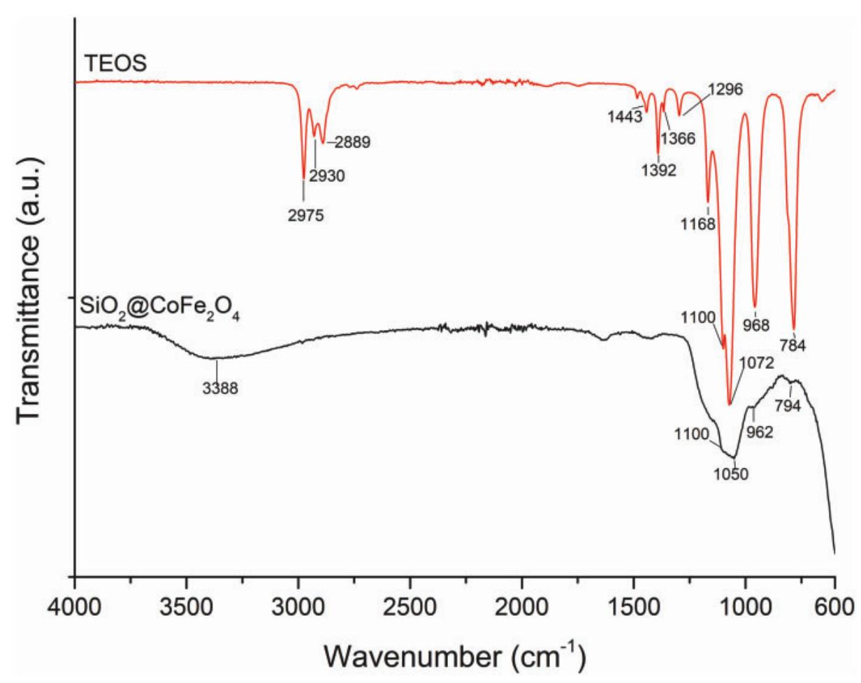 Ft-ir spectra of pure precursor teos and sio2@cofe,o, nps.