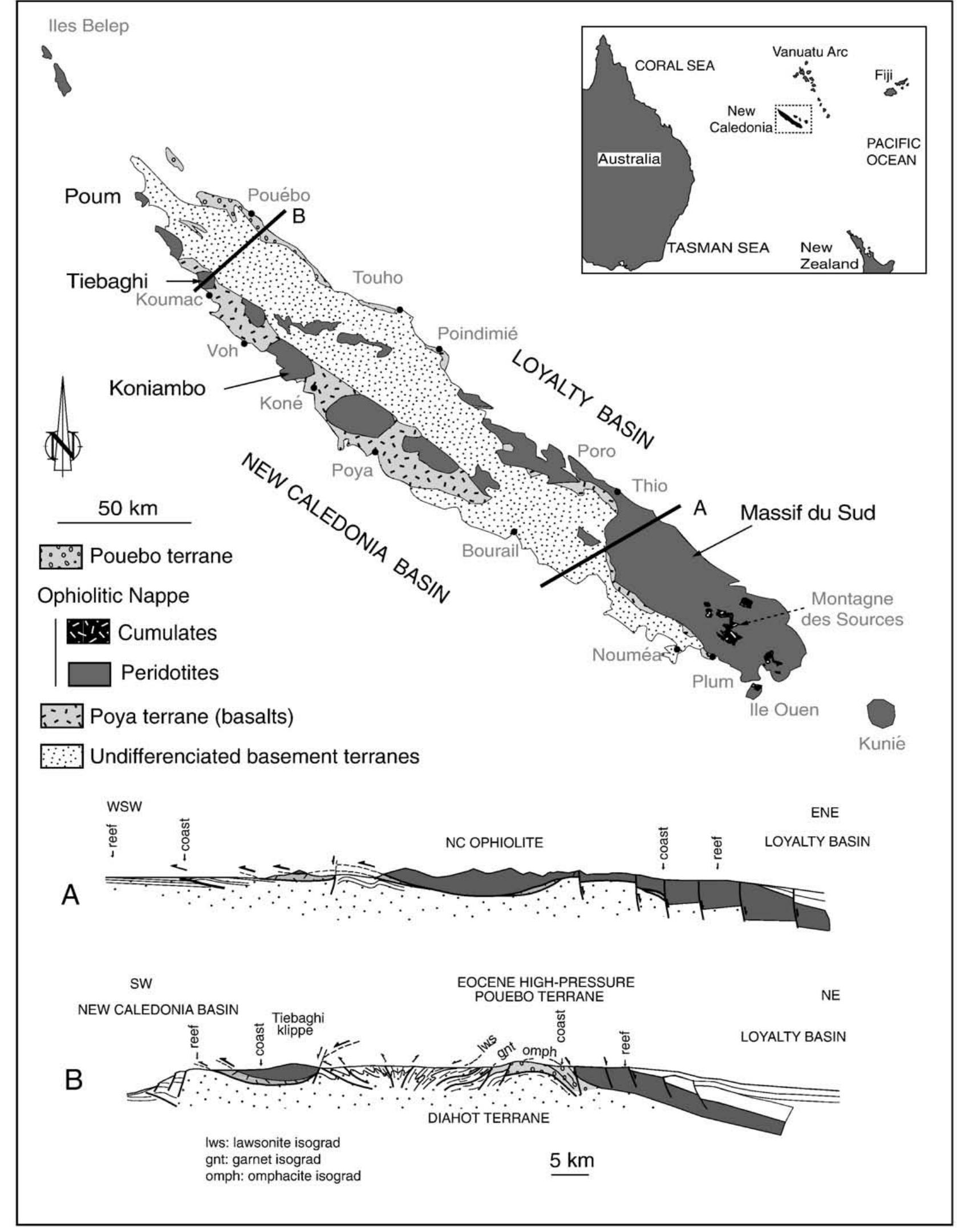 Simplified geological map of the new caledonia, showing the