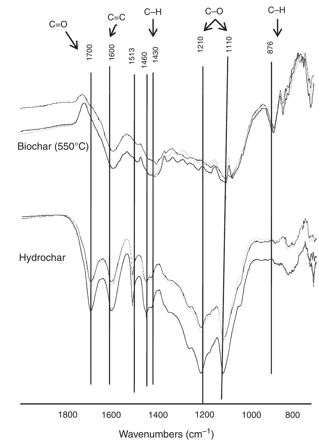 Ftir spectra for the biochar and the hydrochar obtained from