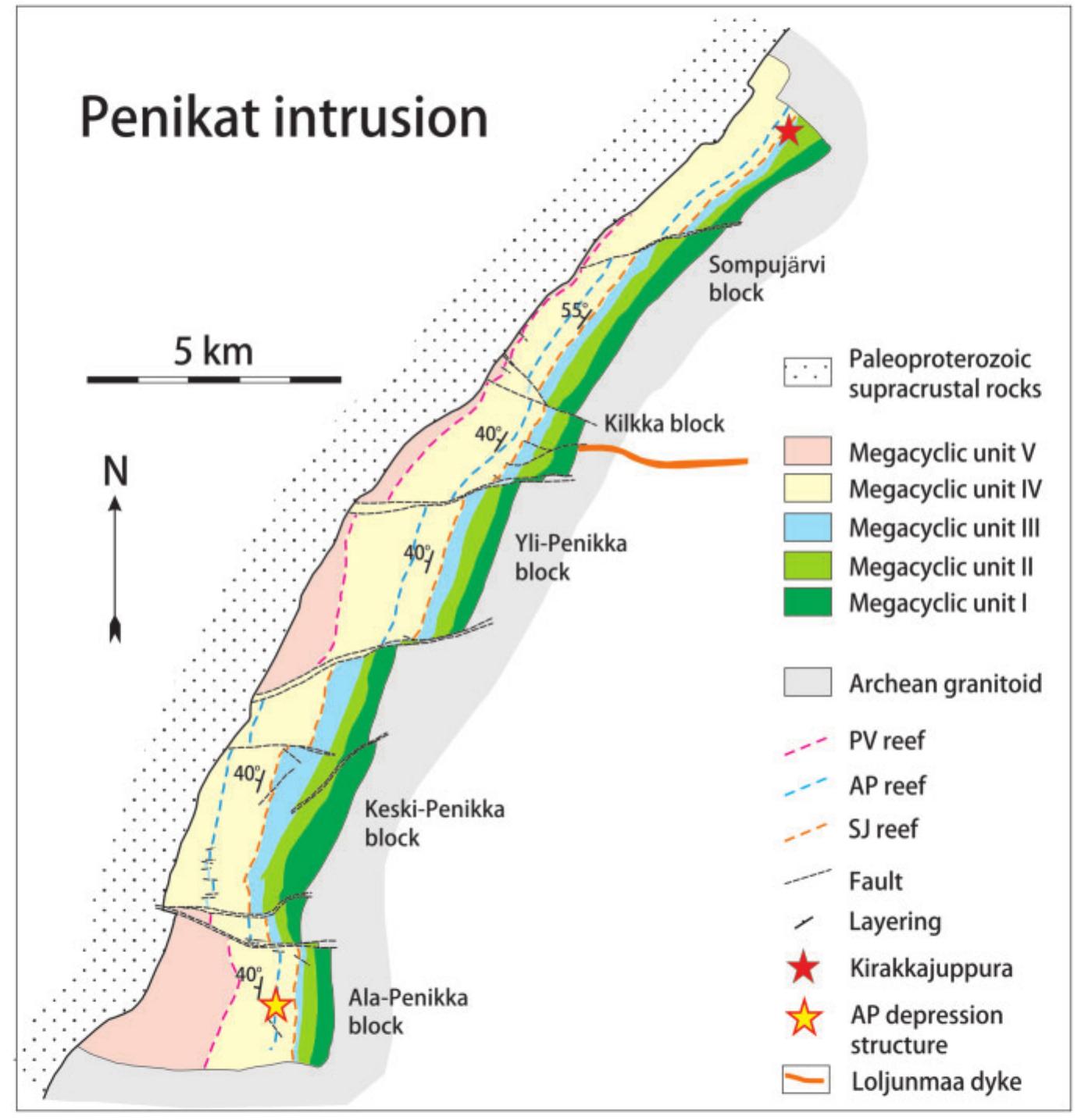 Geological map of the penikat intrusion (modified after