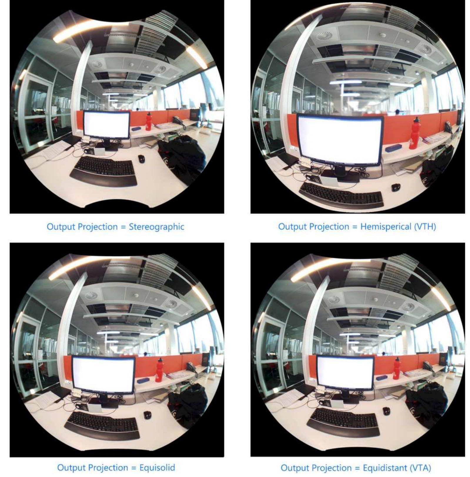 The test scene in different fisheye projection after