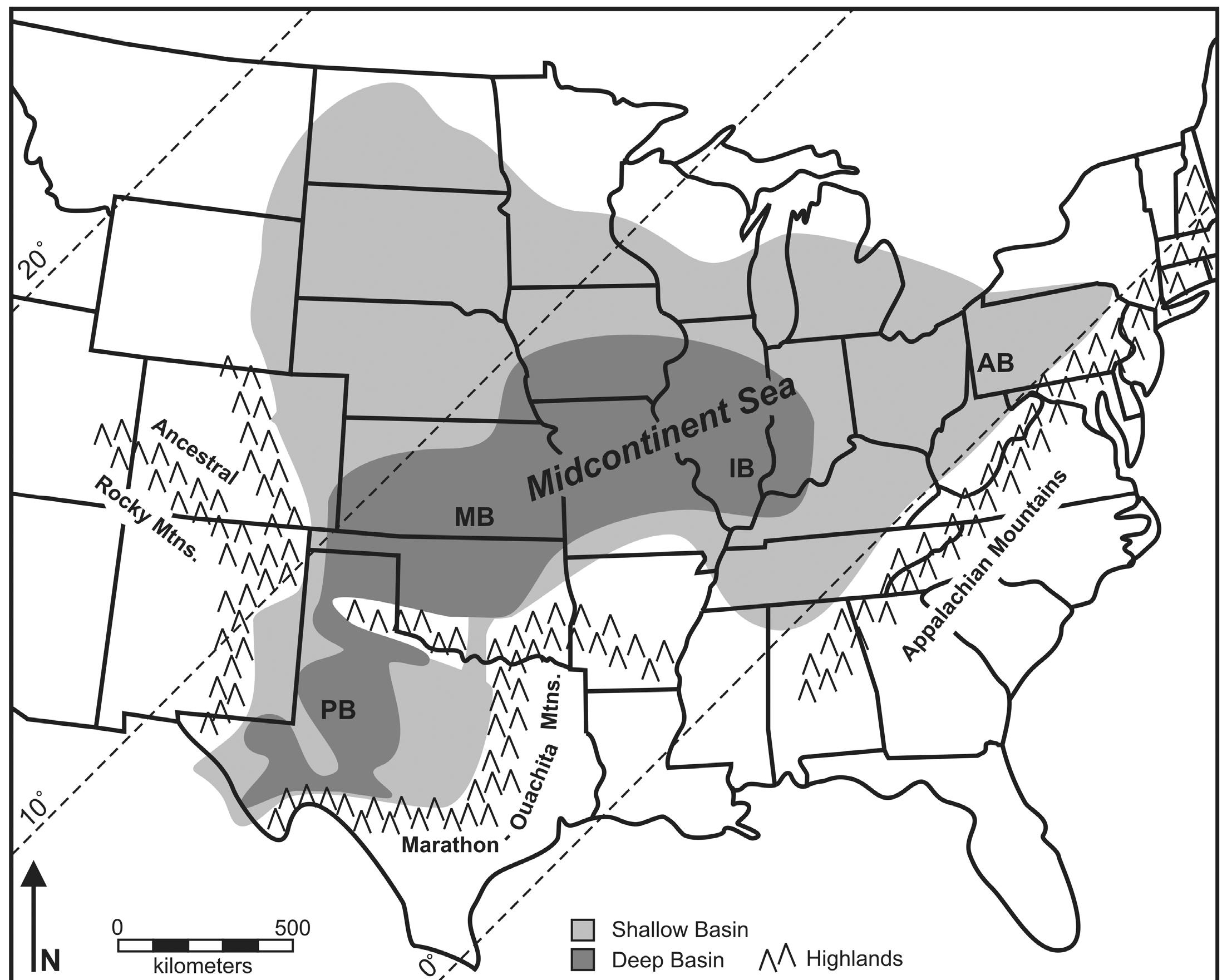 General scope and size of the midcontinent sea at highstand