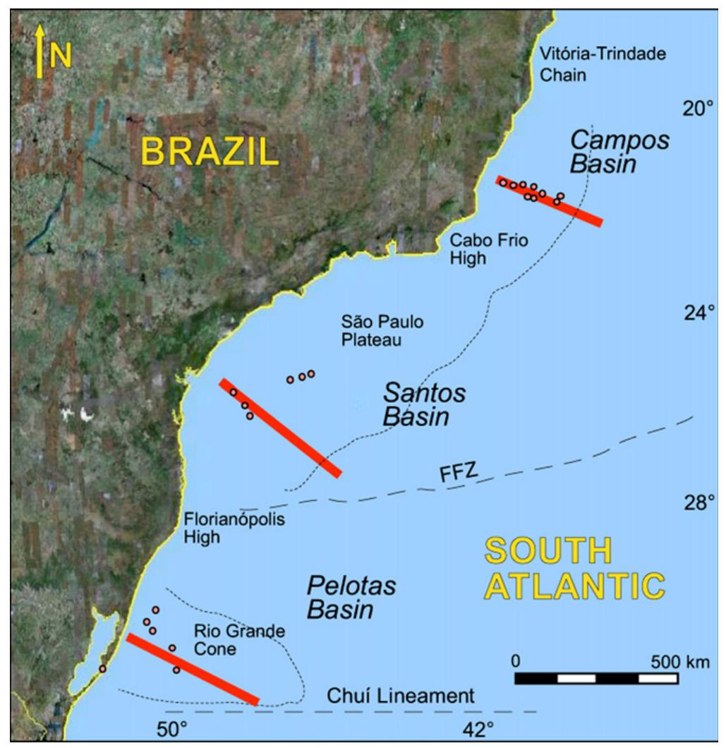Location of 2d seismic reflection profiles (red lines) and