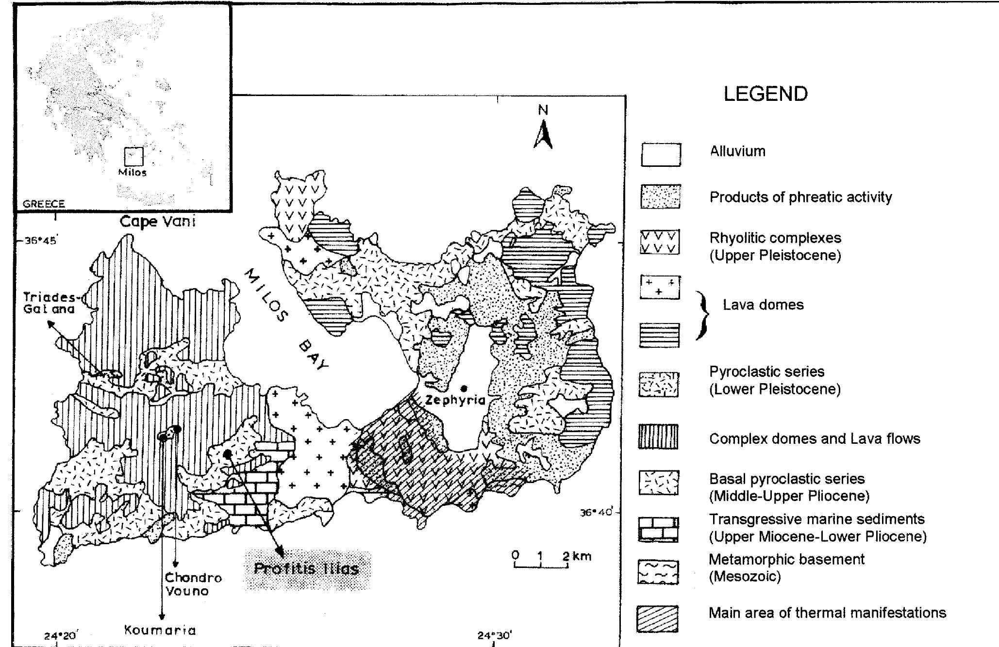 Geological map of milos island, showing the location of