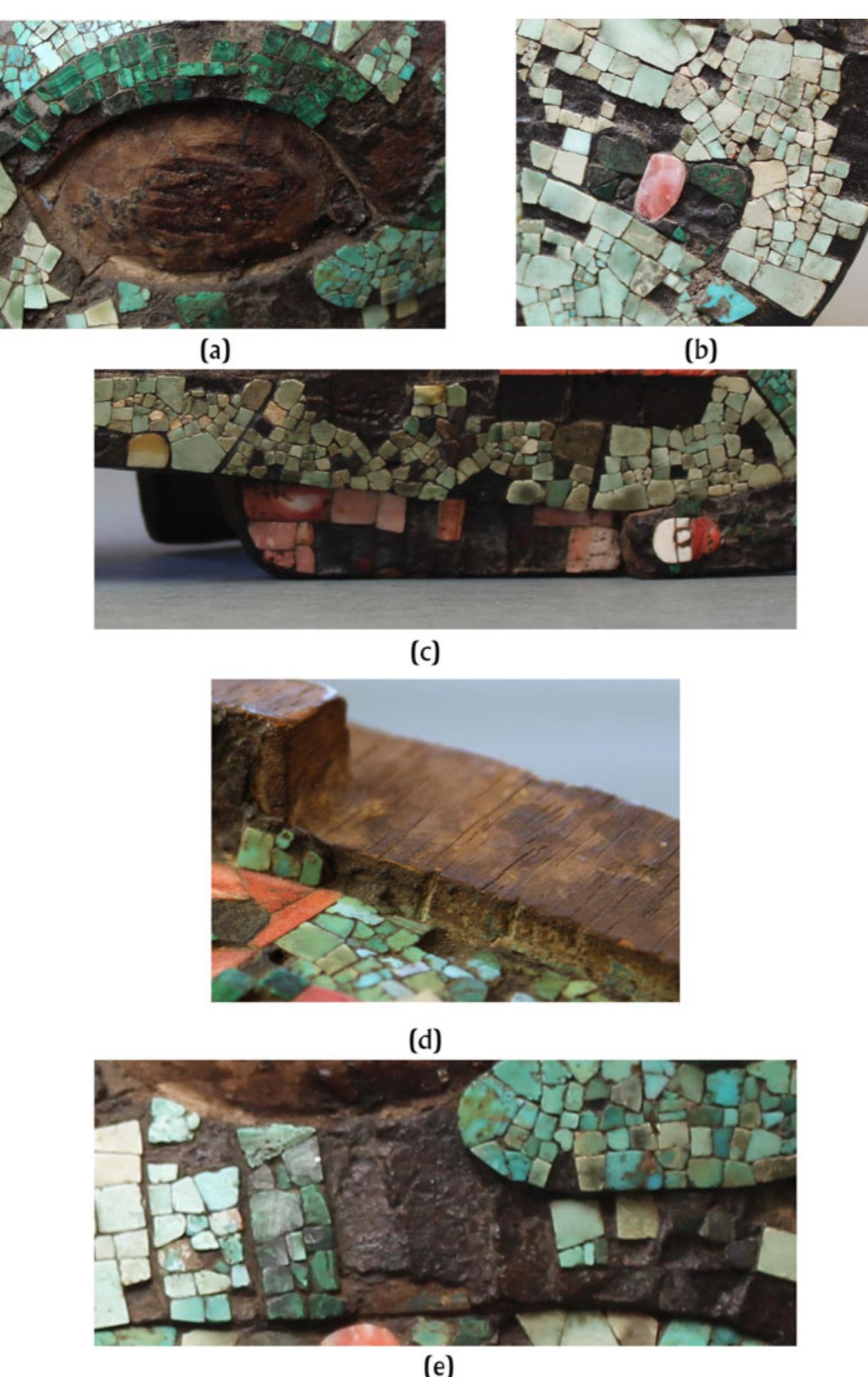 Details of the left side of the bird head sculpture: (a) the