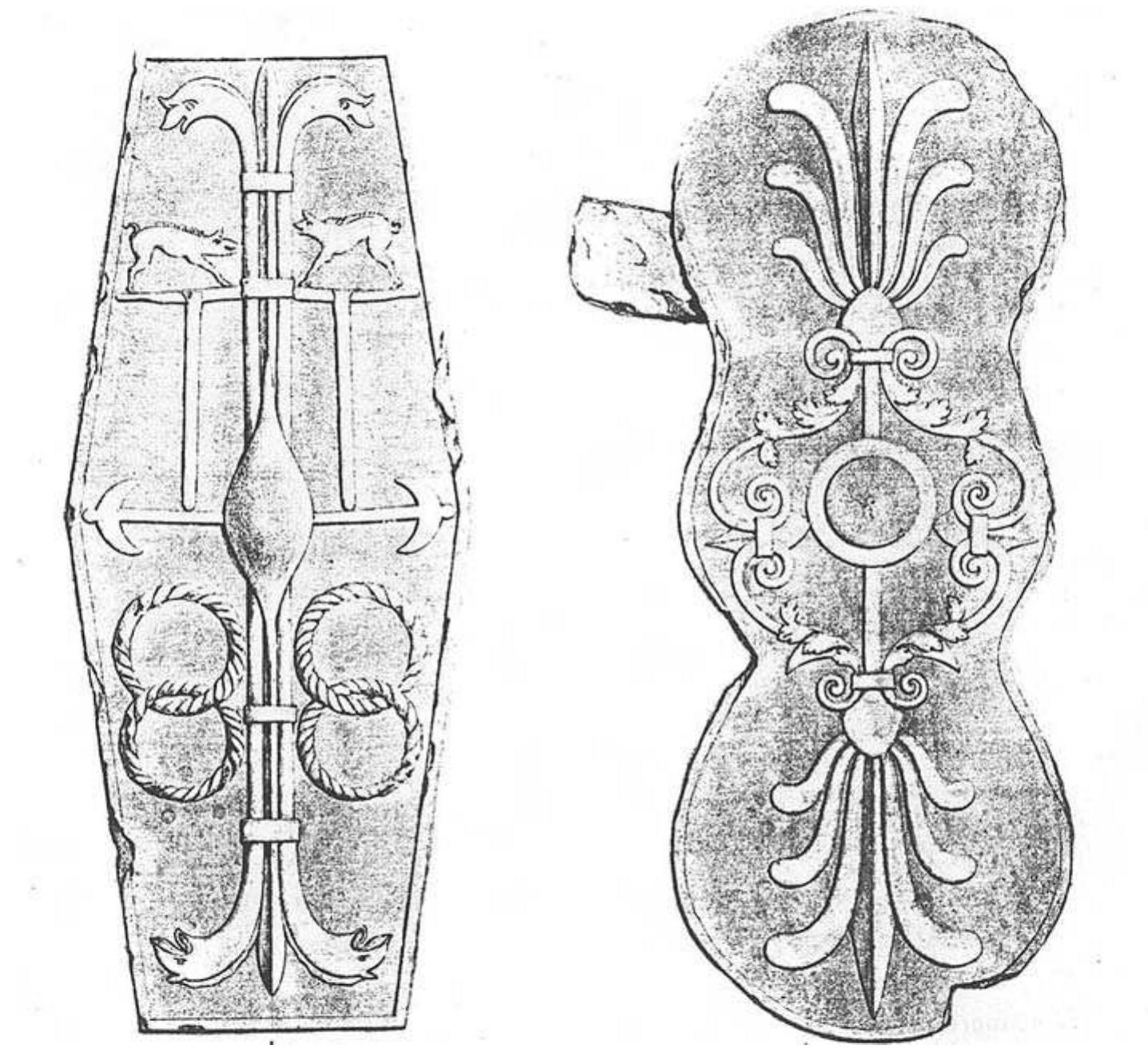 3b drawing of the shields on the tomb of caecilia metella.