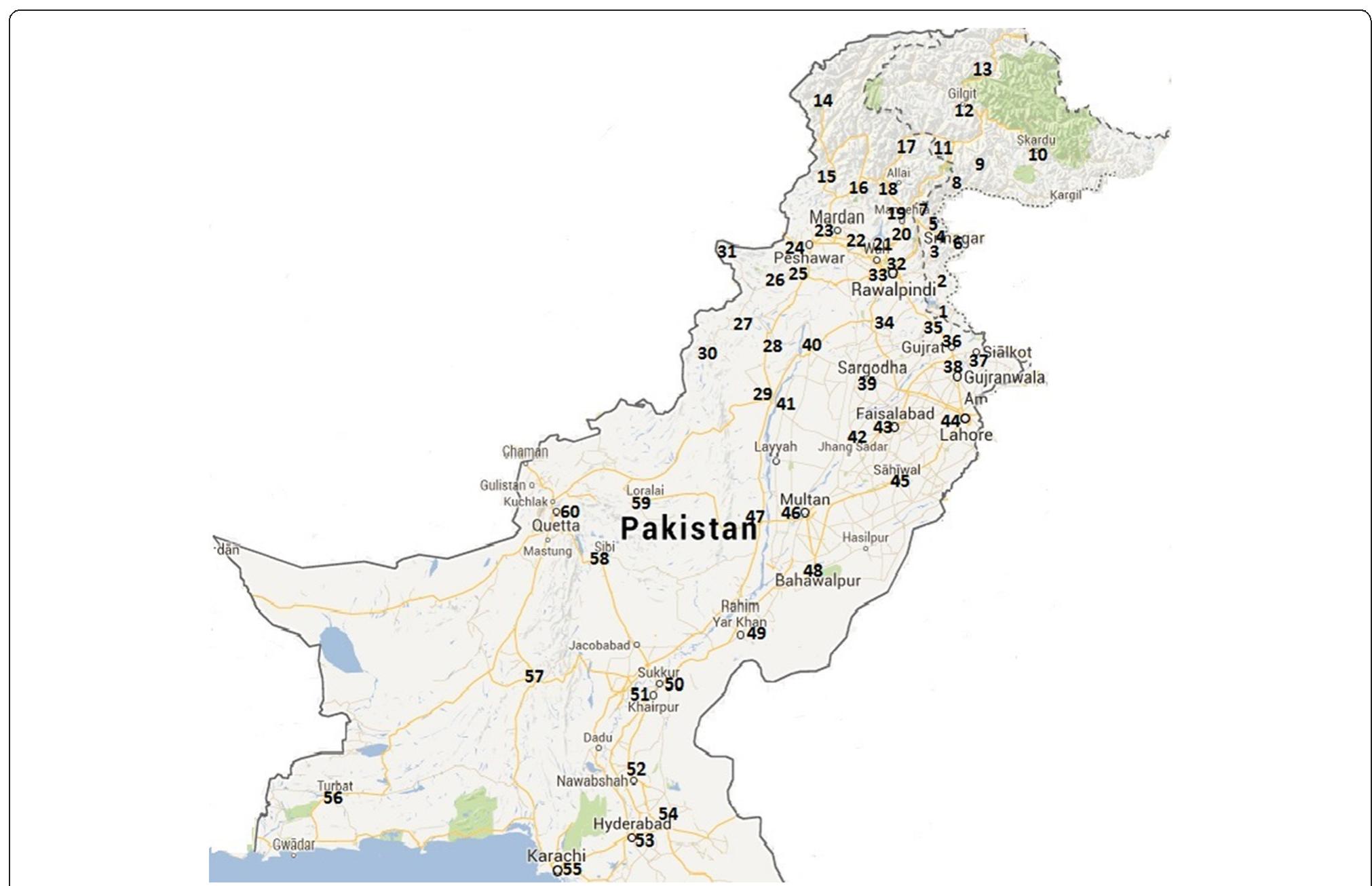 The map shows the sampling sites in all regions of pakistan.