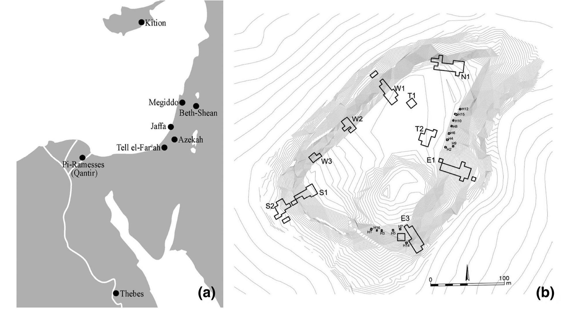 (a) map of the levant marking the location of tel azekah and