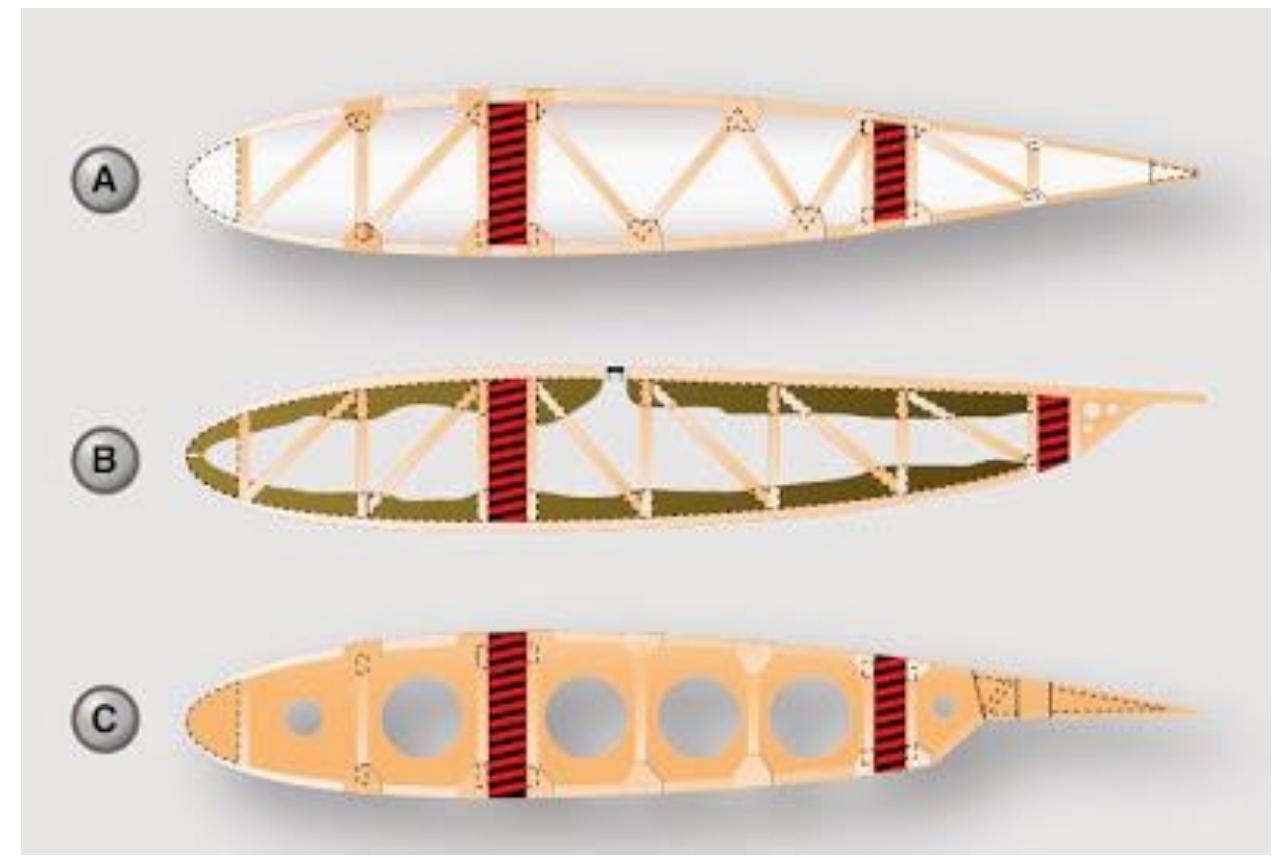 Shows wood truss web ribs and a lightened plywood web rib.