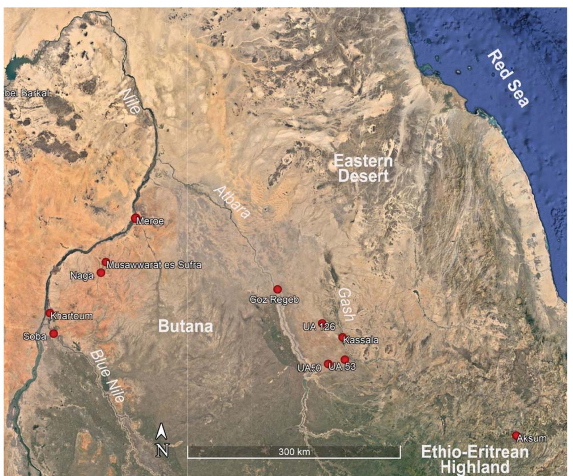 - satellite image showing the location of goz regeb and of
