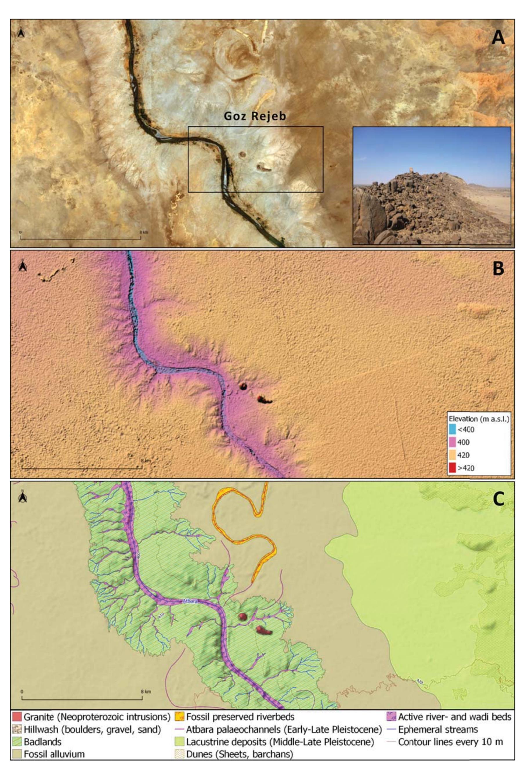- (a) satellite image of goz regeb and its surroundings. the