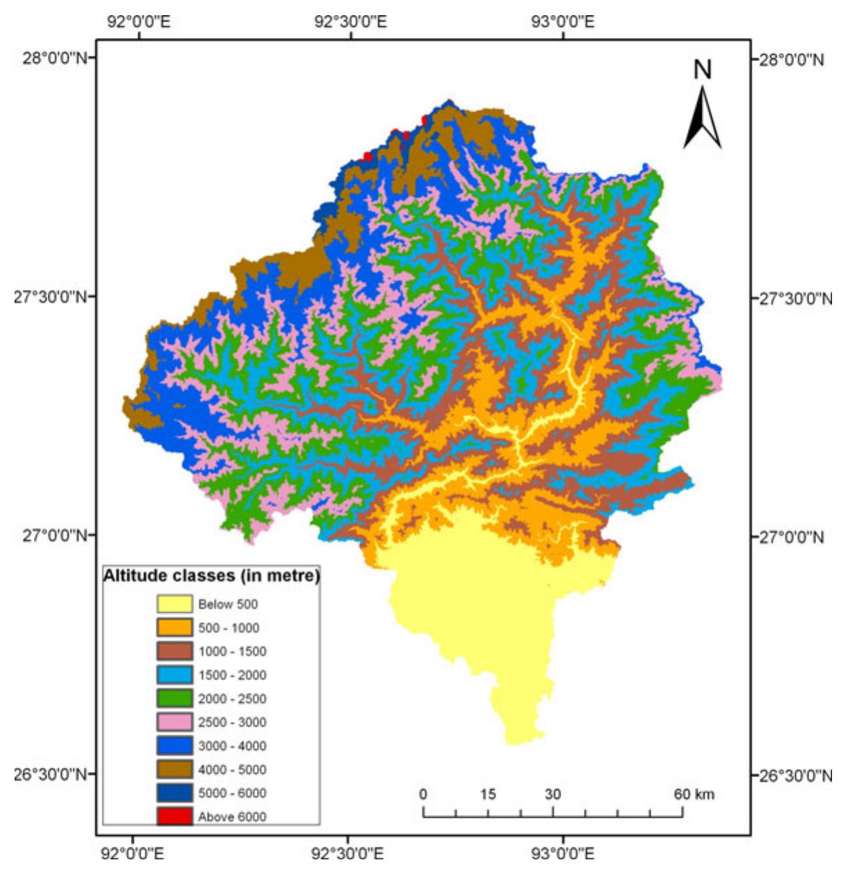 Relief map of the jia bhareli river basin. the map has been