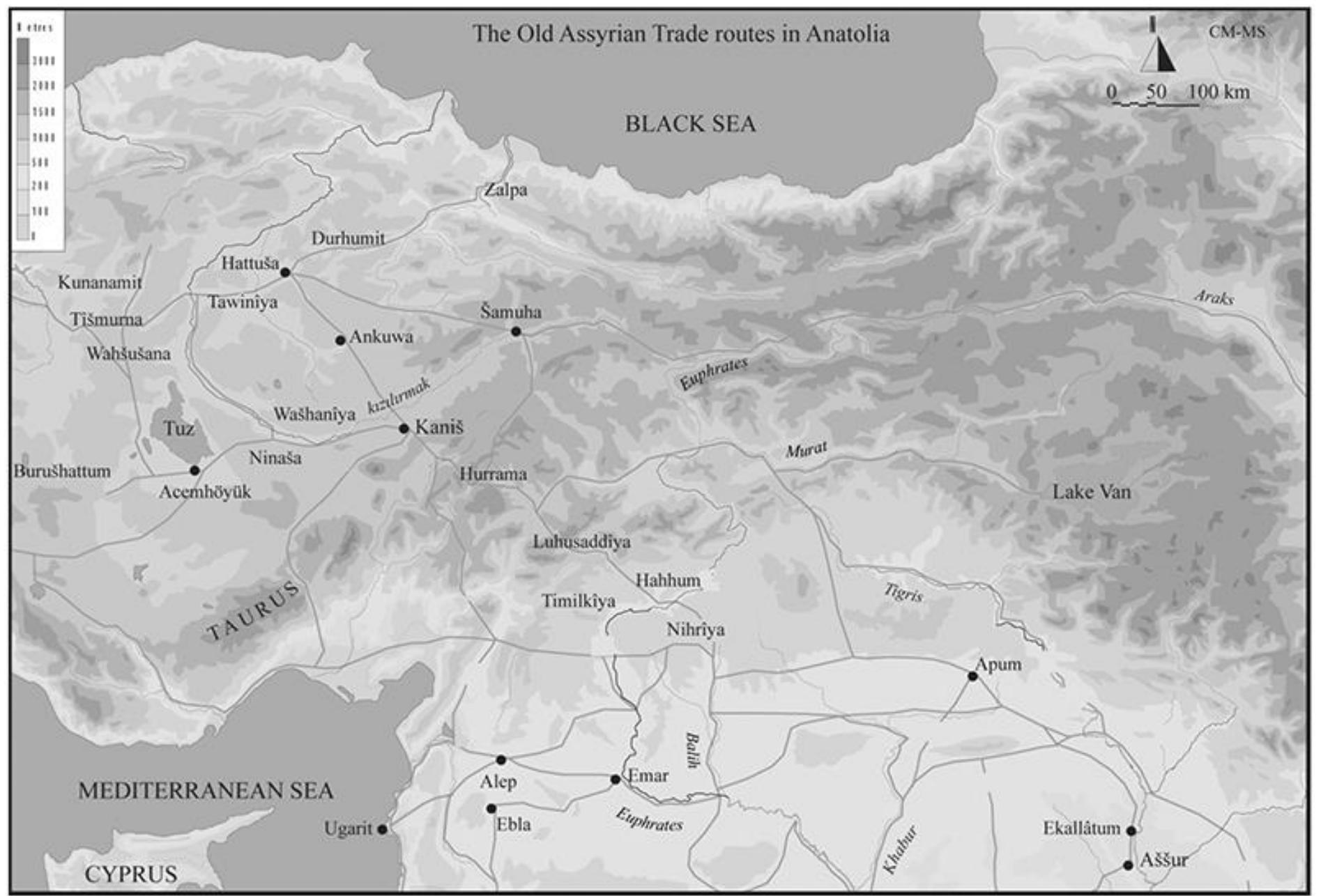 Map showing old assyrian trade routes and the location of