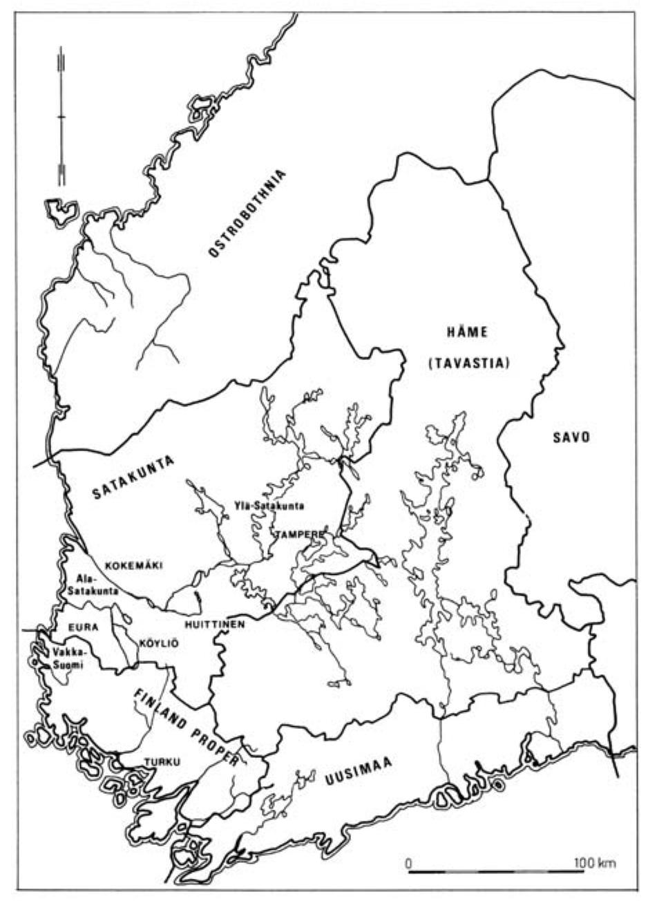 Map of western finland showing places and areas mentioned in