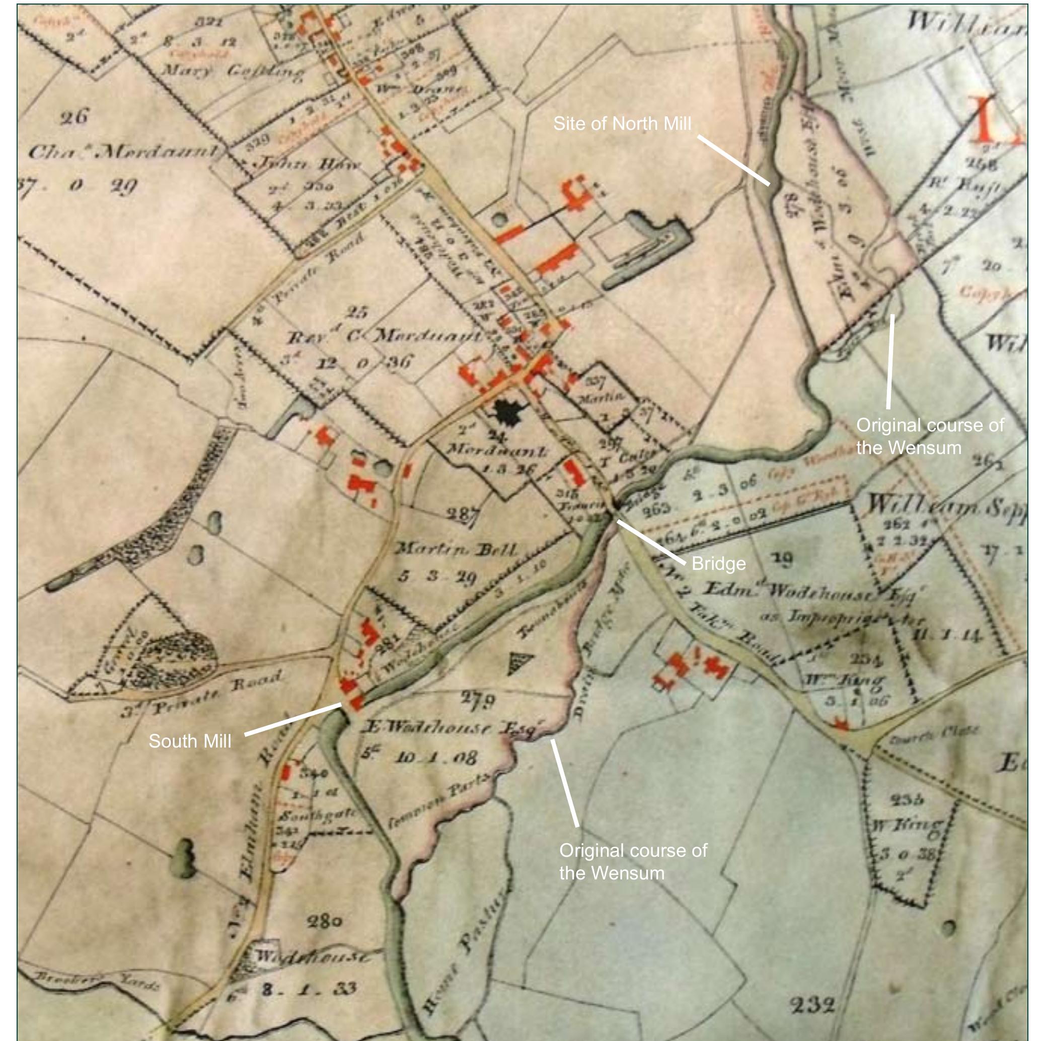 Enclosure award map of 1808, annotated to show the main
