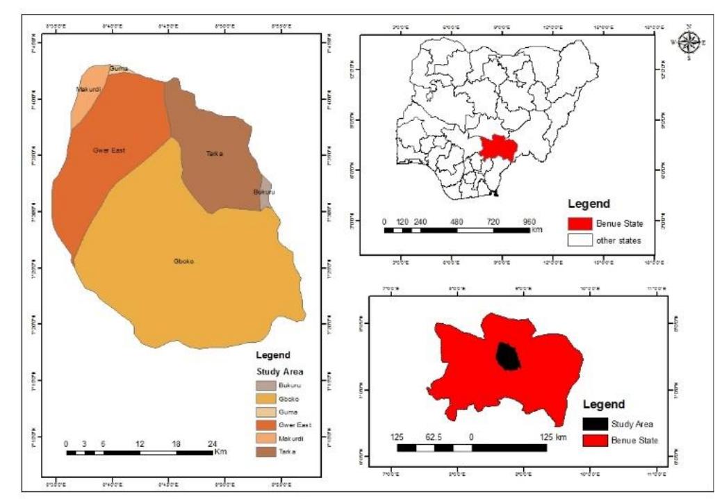Map of nigeria showing benue state and study area. benue is