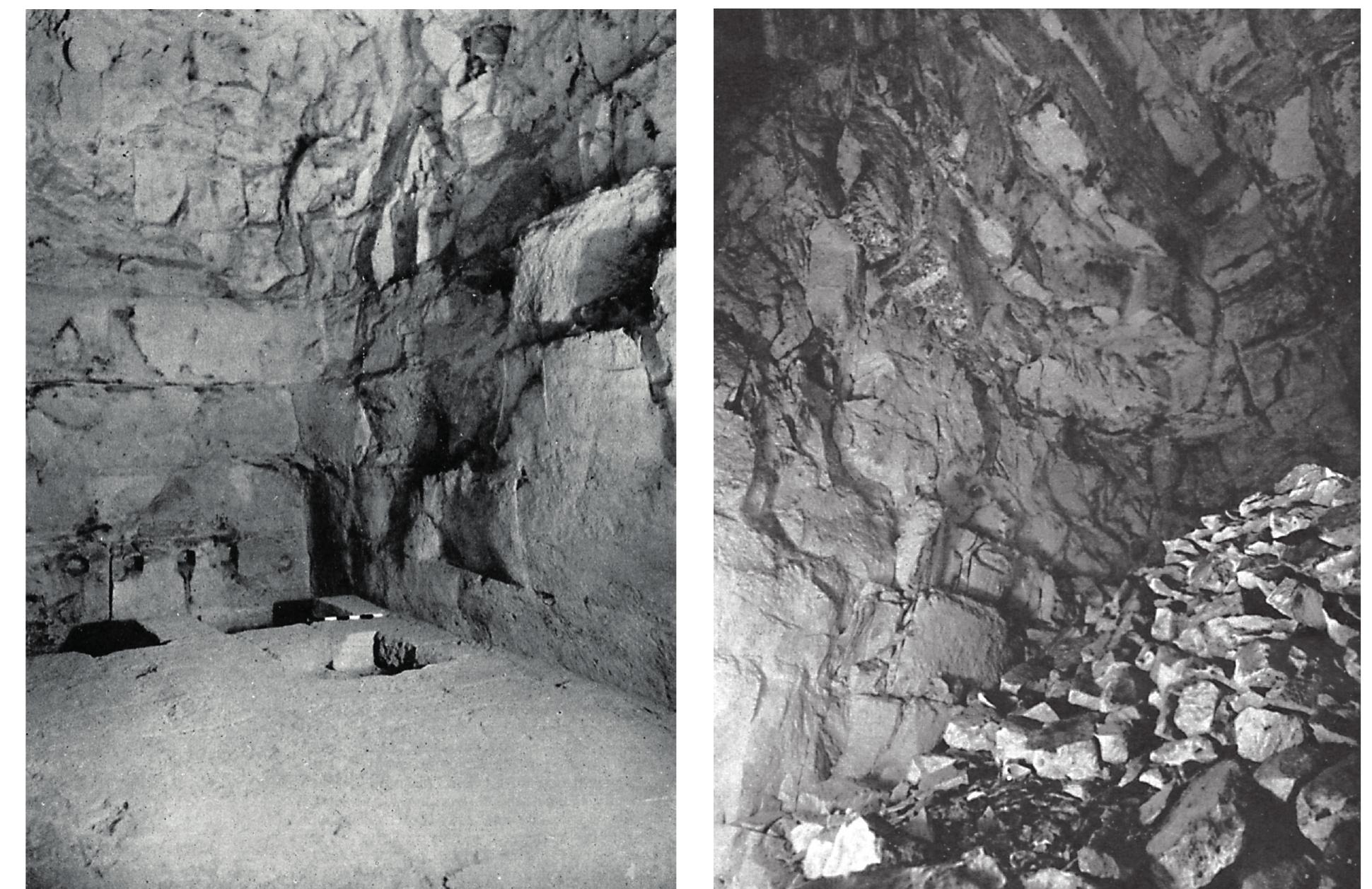 Two photos of the upper chamber of the bent pyramid (left: