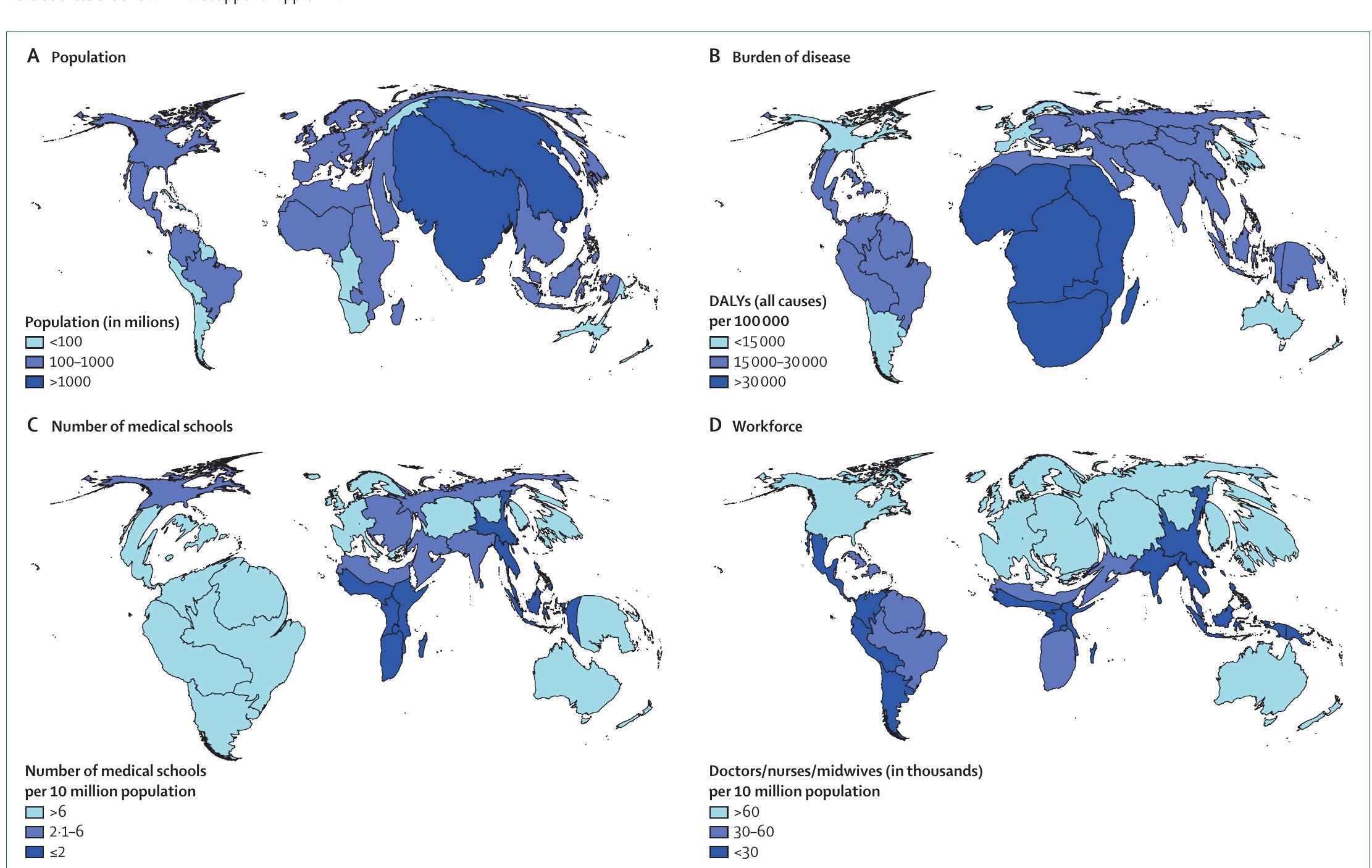 World maps resized by population (a), burden of disease (b),