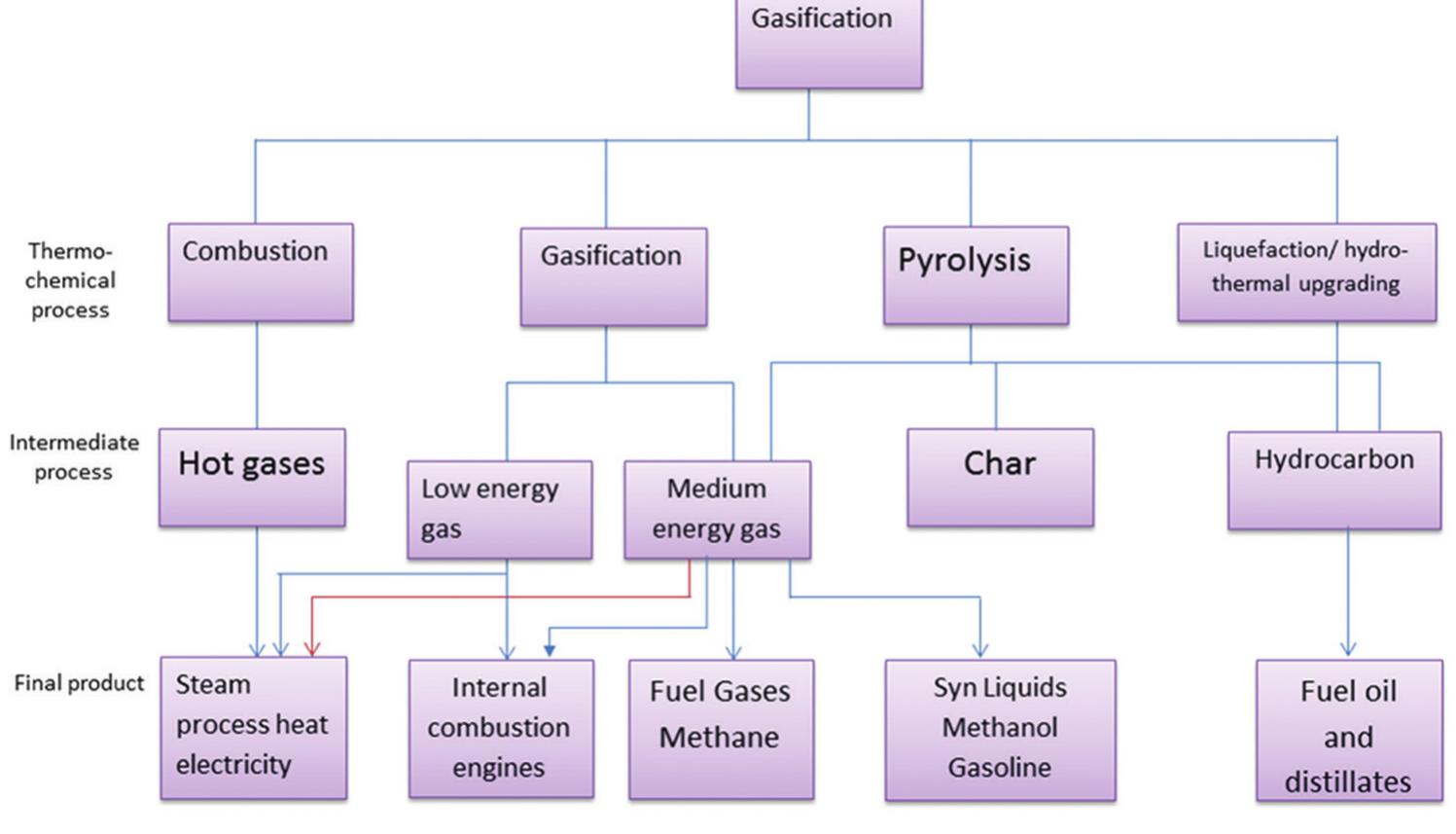 The main processes used for the thermo-chemical conversion